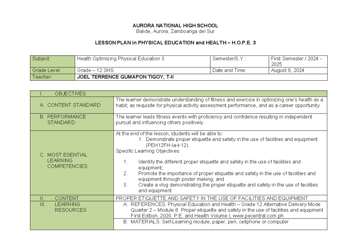 Lesson Plan for HOPE 3 - AURORA NATIONAL HIGH SCHOOL Balide, Aurora ...