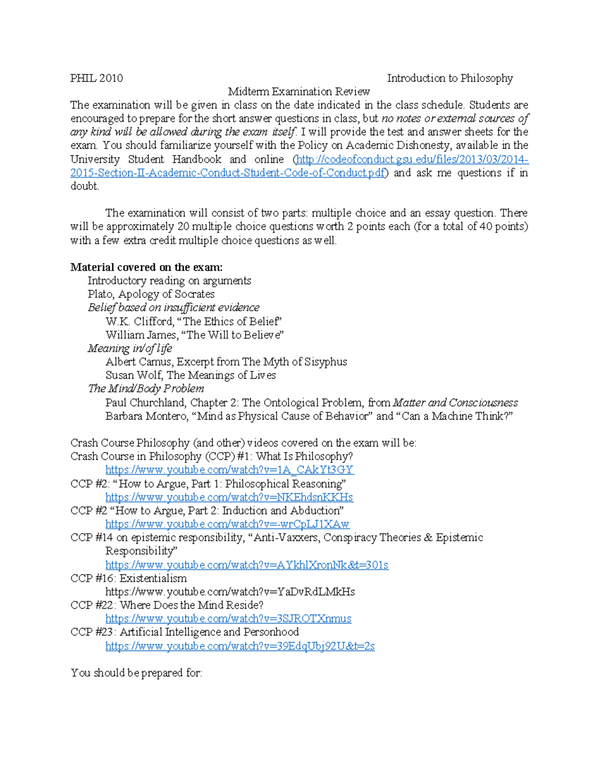 PHIL 2010: Midterm Exam Review on Belief and Meaning in Life - Studocu