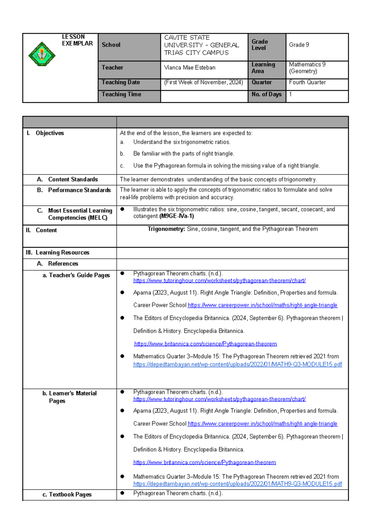 Detailed Lesson Plan: Geometry 9 - Trigonometric Ratios & Theorems ...