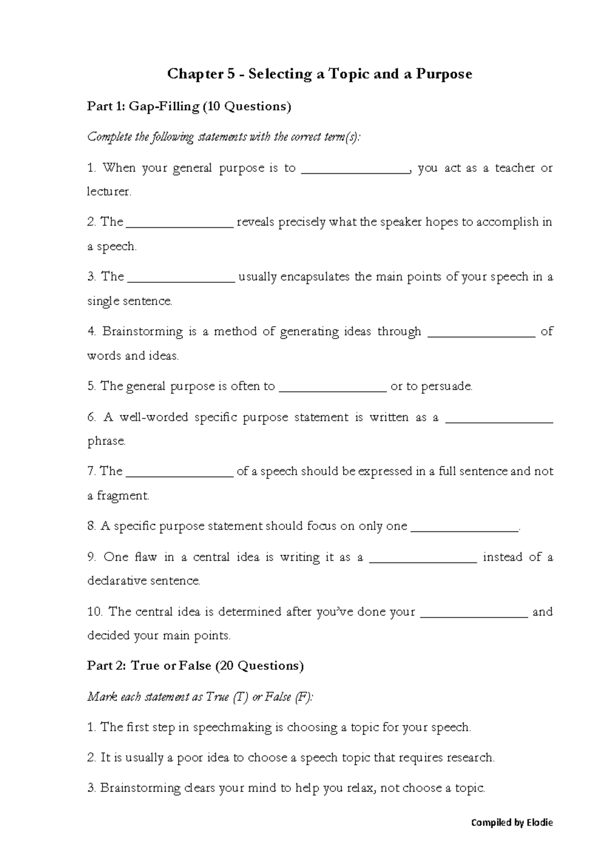 Chapter 5: Selecting a Topic and Purpose - Practice Questions & Essay ...
