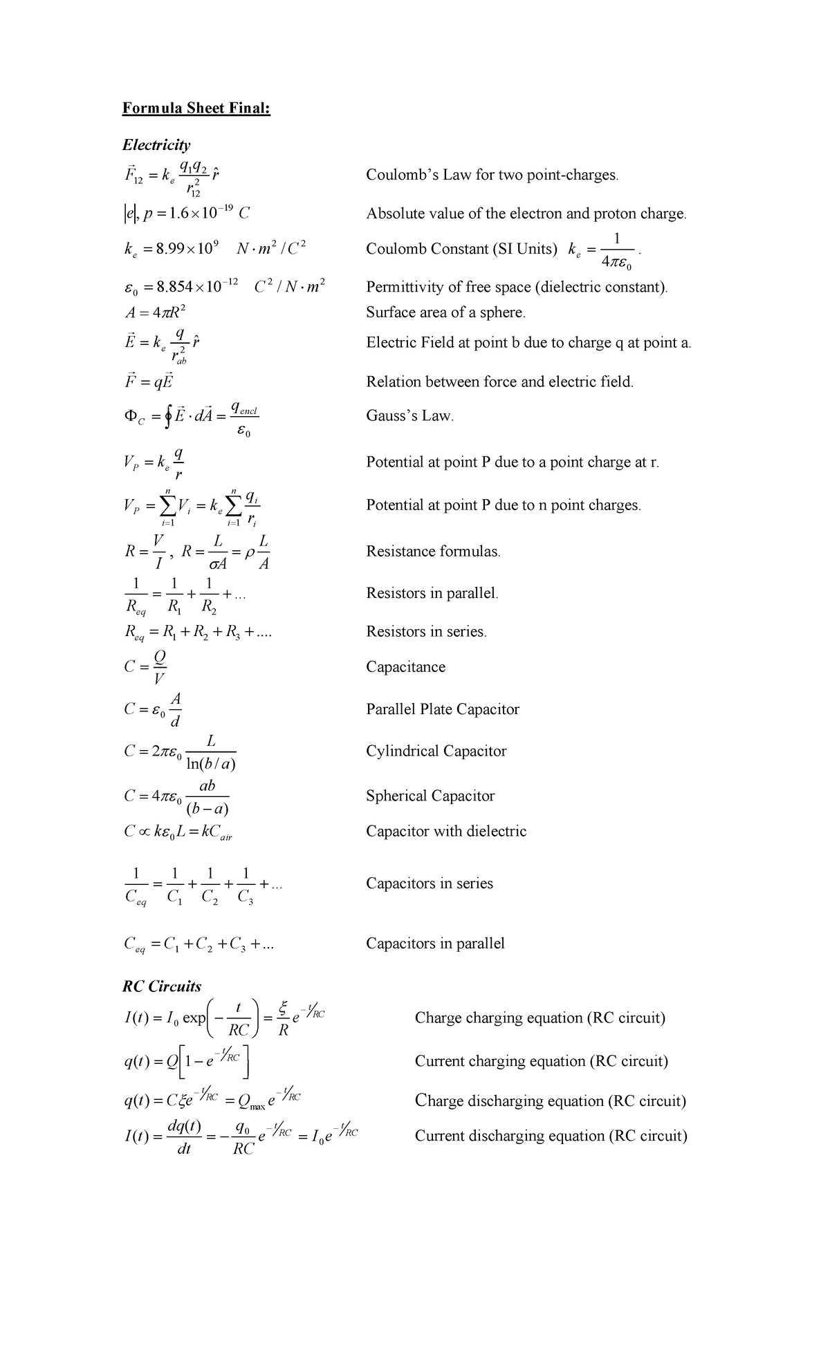 Formula Sheet Final Exam: Electricity & Magnetism Concepts F12 - Studocu