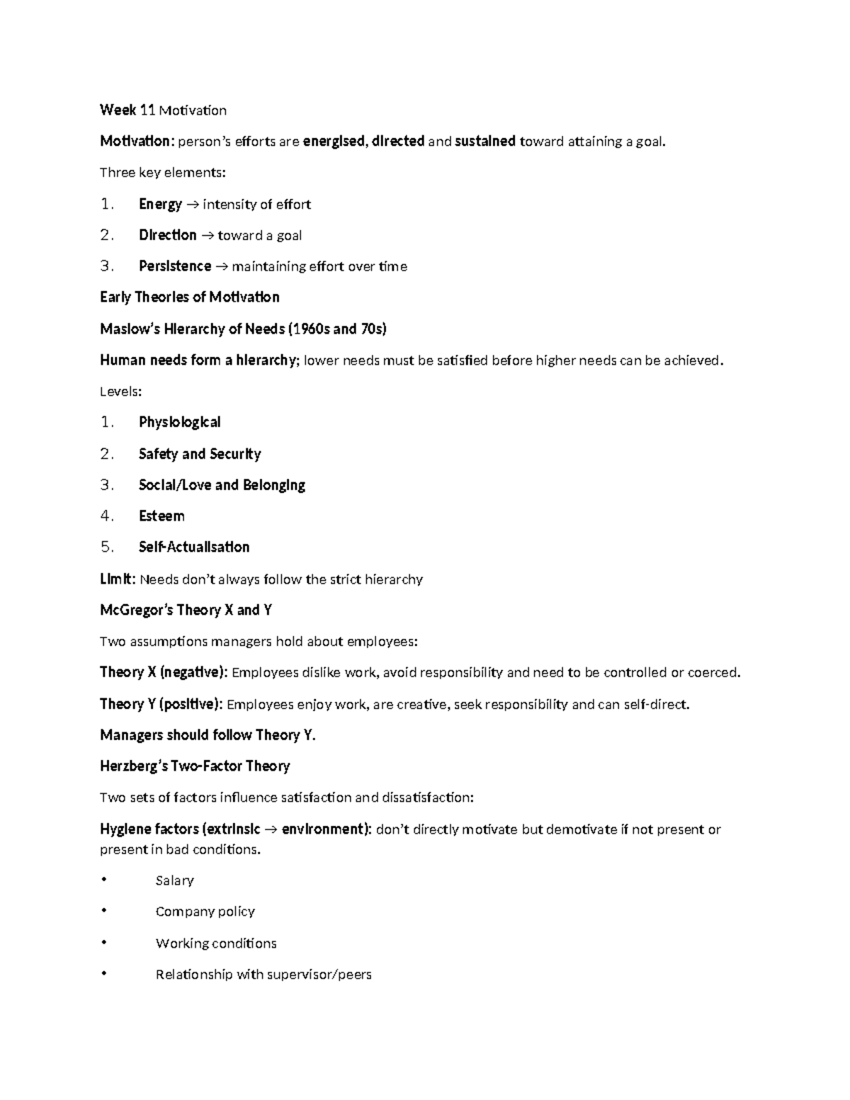 Week 11 Motivation - Final Notes on Key Theories and Concepts - Studocu