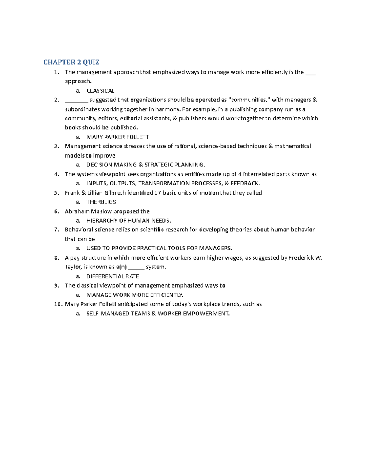 Chapter 2 Quiz Answers for Management Principles (MGT 101) - Studocu