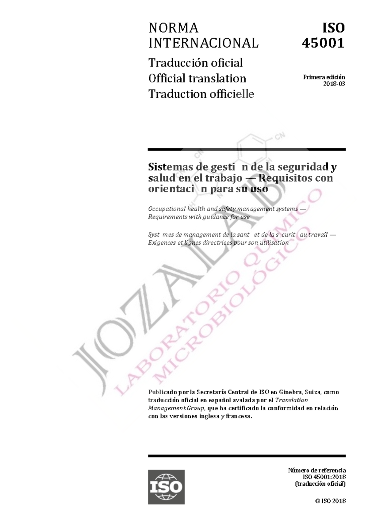 Norma ISO 45001 - Número de referencia ISO 45001: (traducción oficial) © ISO 2018 NORMA - Studocu