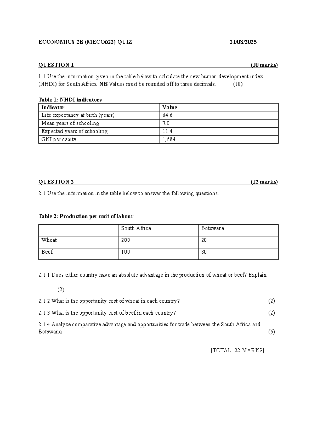 ECONOMICS 2B (MECO622) QUIZ 1: NHDI & Comparative Advantage Analysis ...
