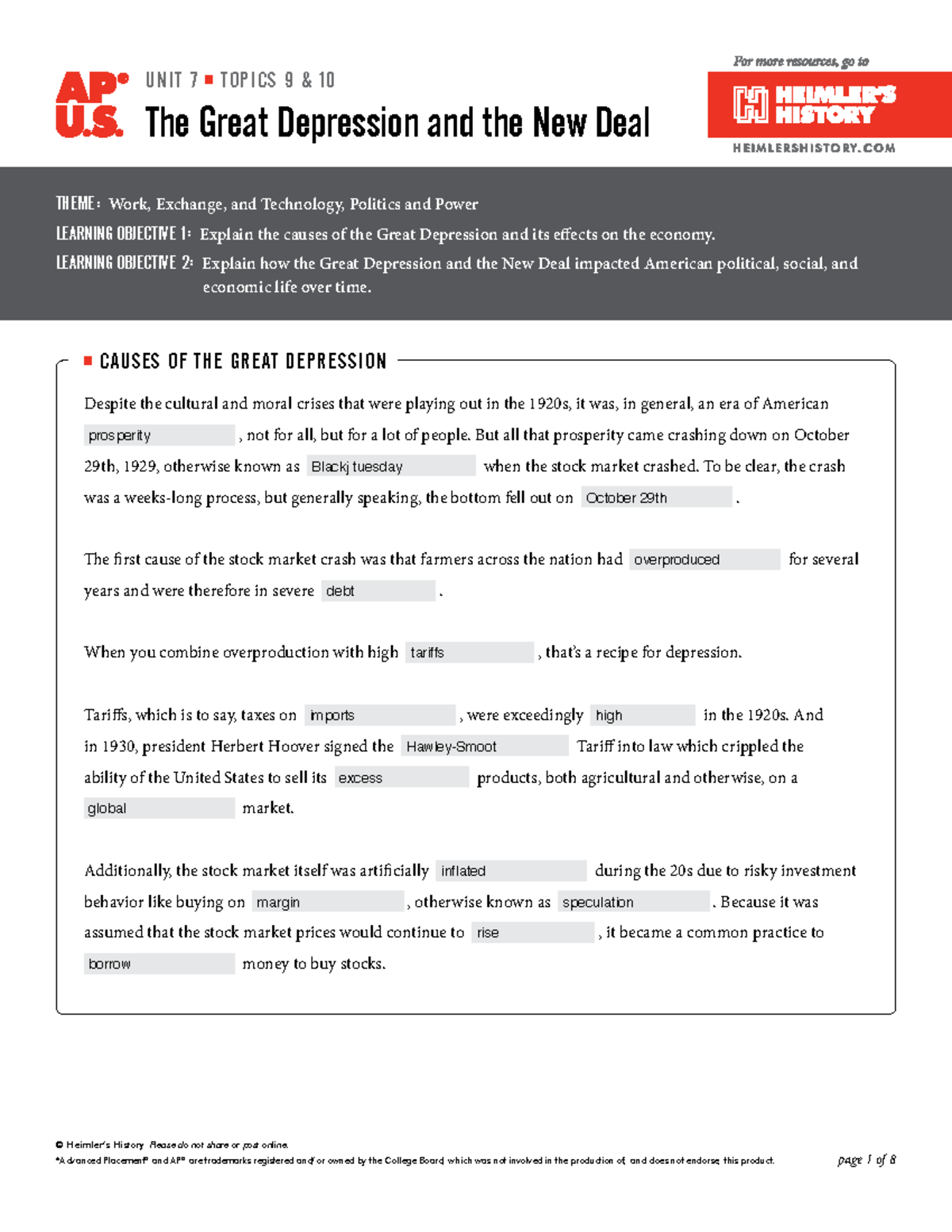 UNIT 7: The Great Depression & New Deal Overview (Topics 9-10) - Studocu