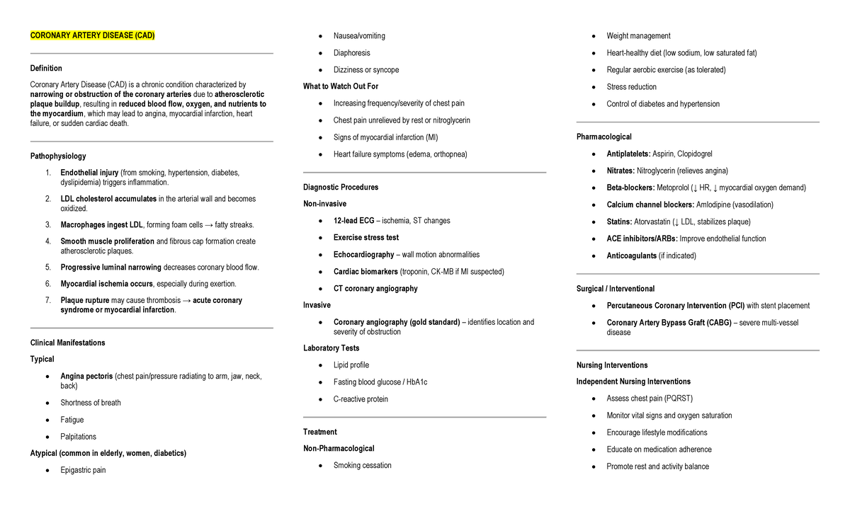 MS 1: Coronary Artery Disease (CAD) Overview and Nursing Interventions ...