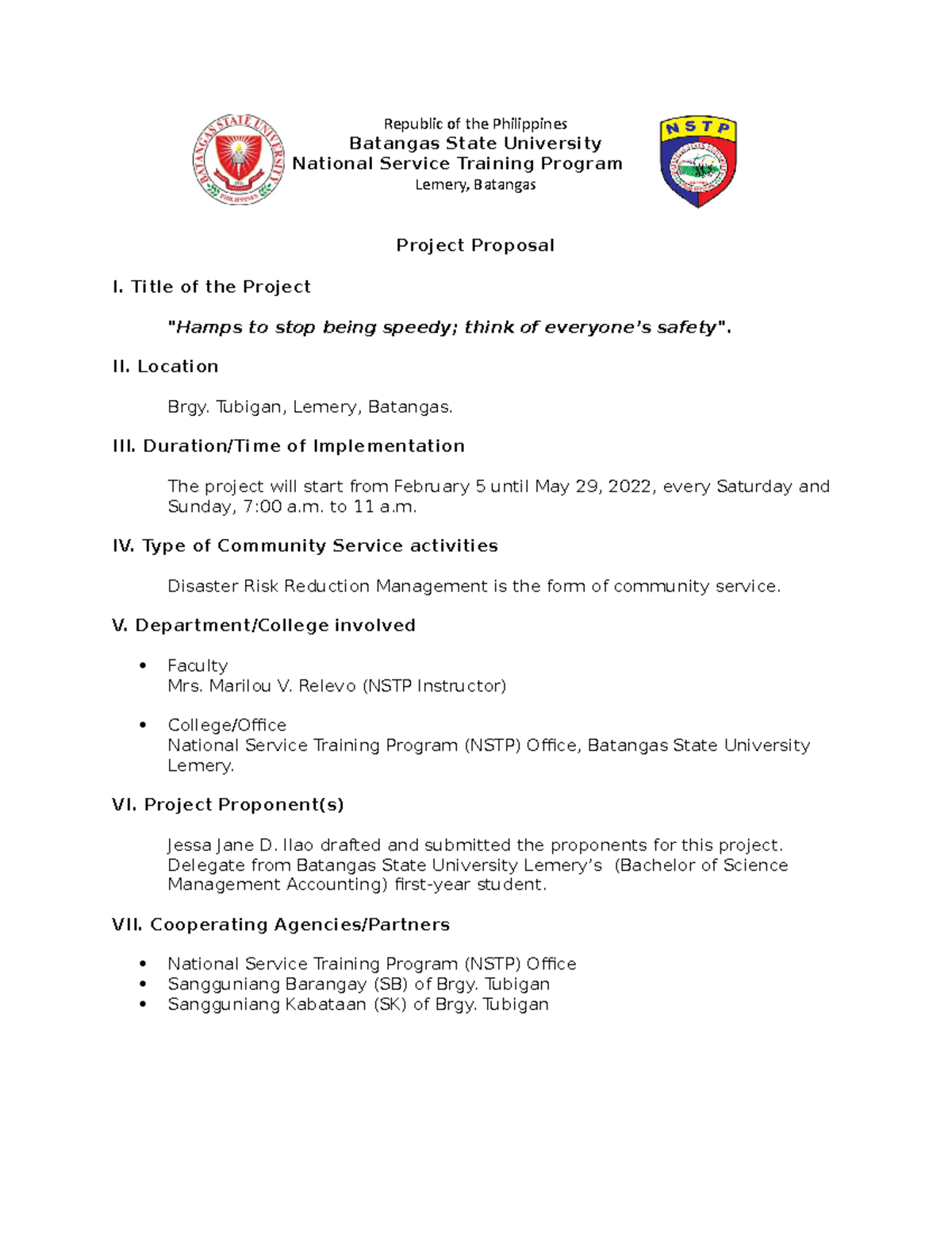 Project Proposal NSTP - Republic of the Philippines Batangas State ...