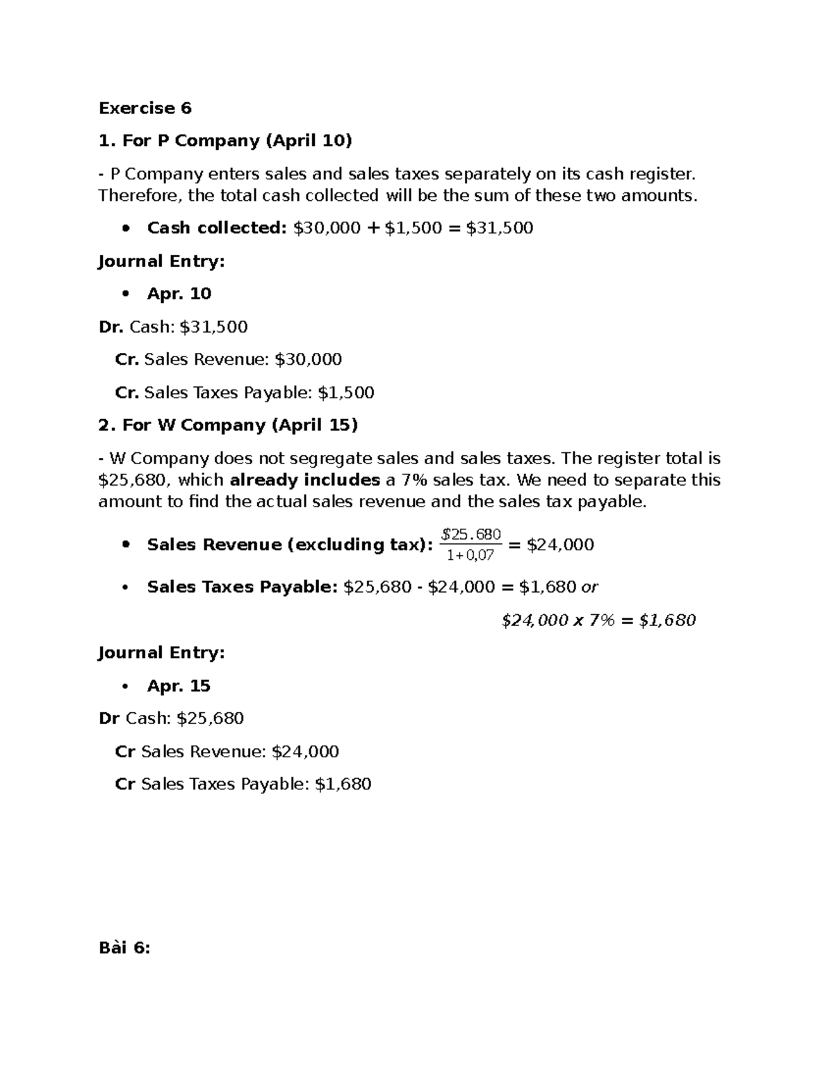 Exercise 6: Sales Revenue & Tax Journal Entries for P & W Companies ...