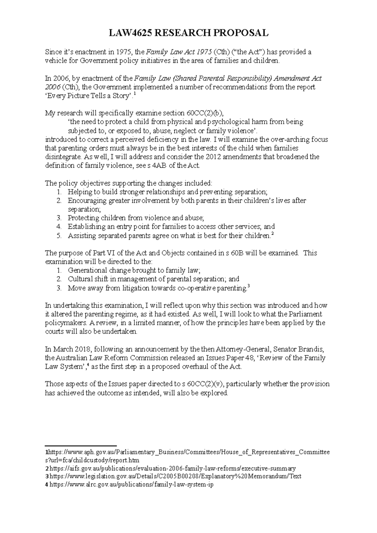 LAW4625 Research Proposal - Family Law Act 1975 - LAW4625 RESEARCH ...