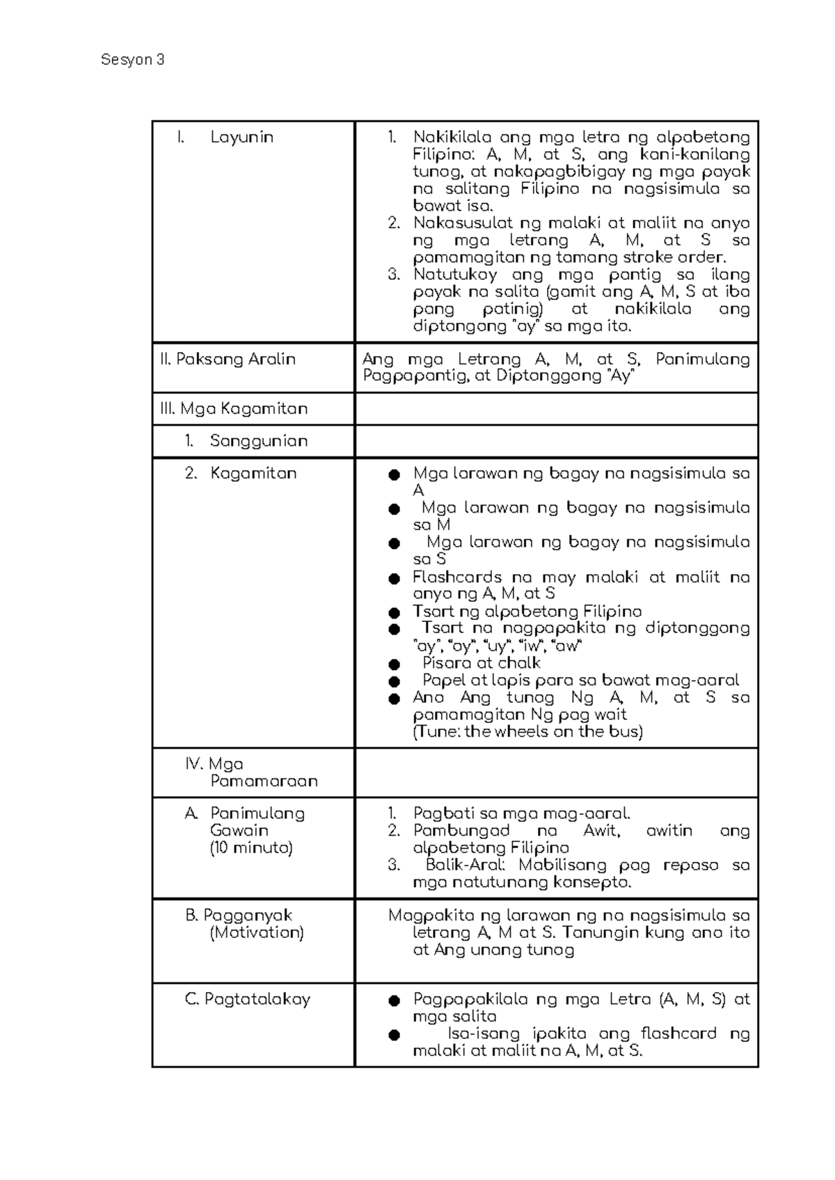 Sesyon 3: Pagkilala sa mga Letra A, M, at S at Diptonggo - Studocu