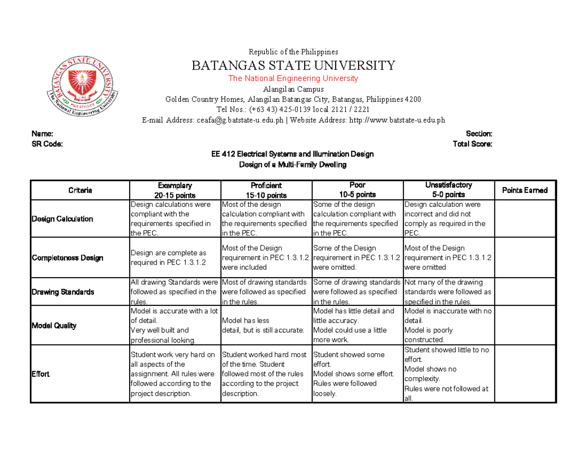 EE 412 Final Exam Rubric: Electrical Systems & Illumination Design ...