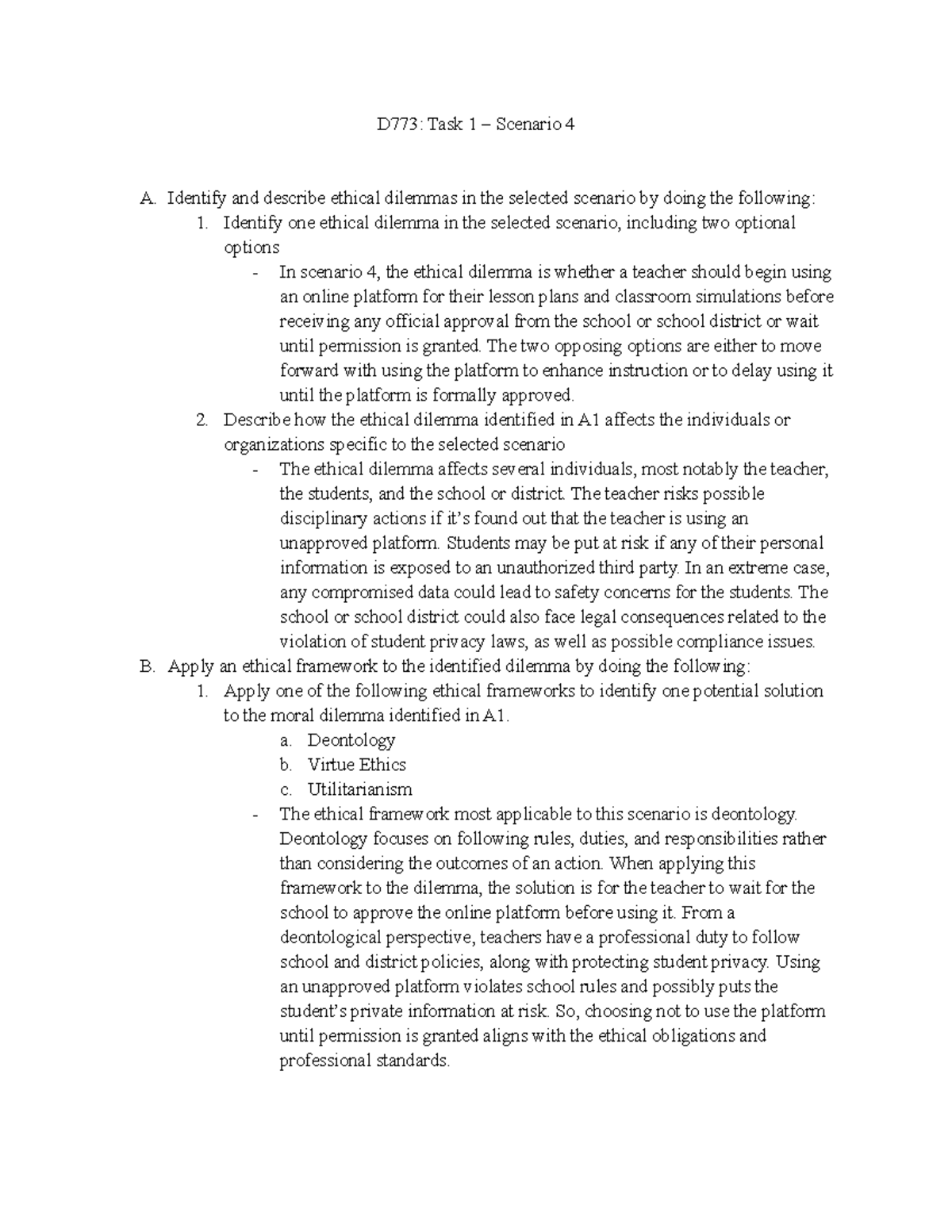 D773: Task 1 - Ethical Dilemmas in Online Teaching Platforms - Studocu