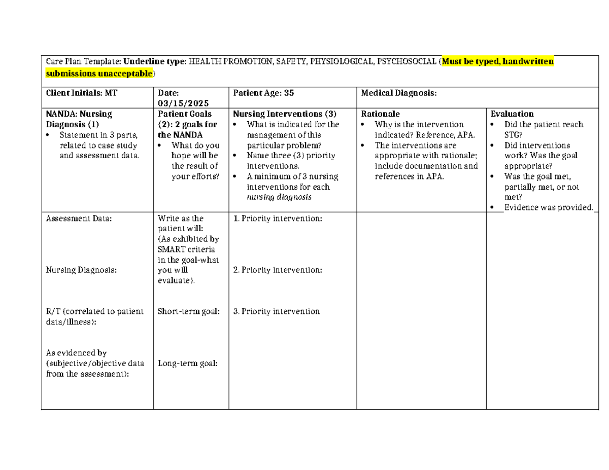 NANDA Nursing Diagnosis Care Plan Template for Client MT - Studocu