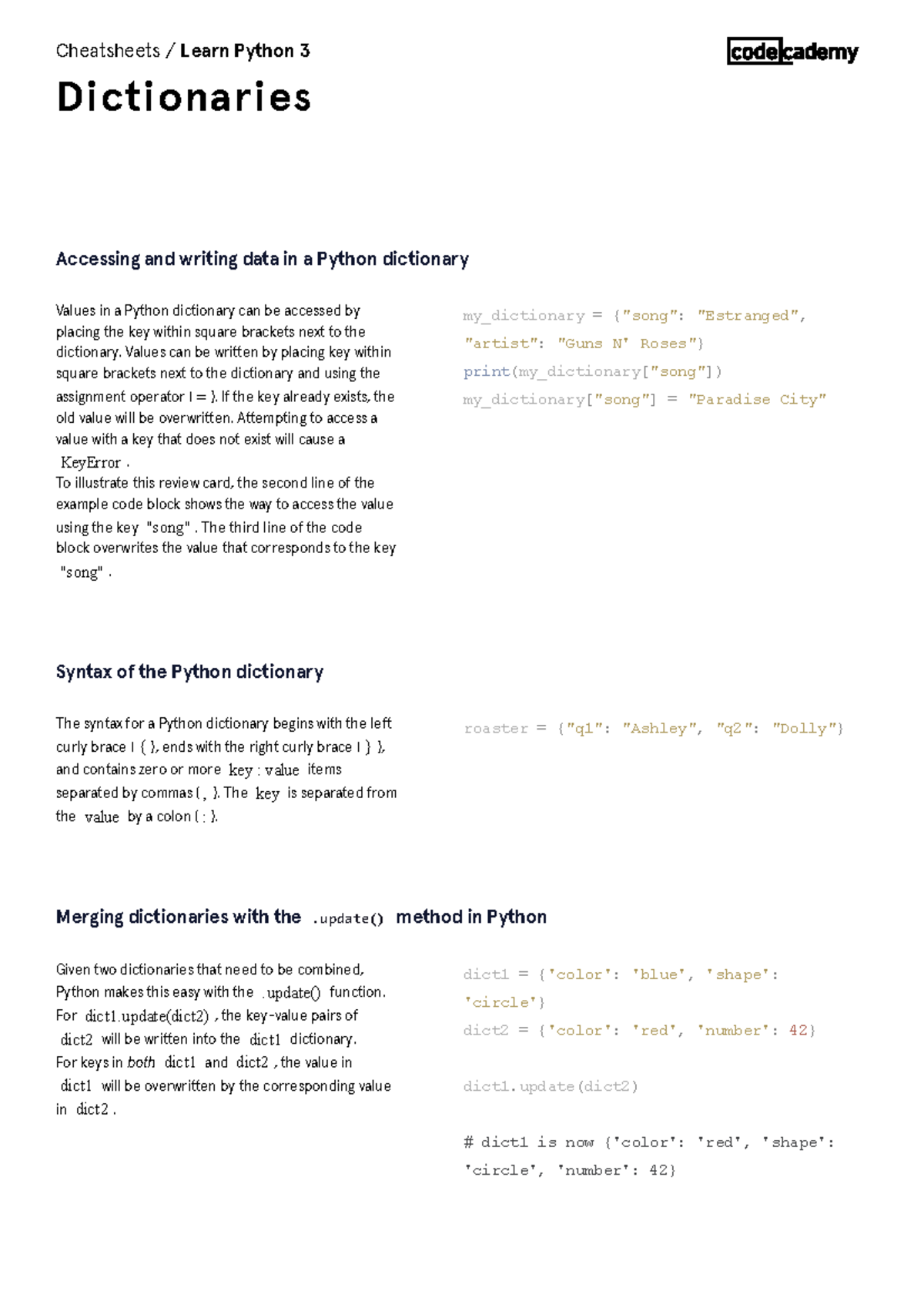 Learn Python 3 Dictionaries Cheatsheet (Codecademy) - Studocu