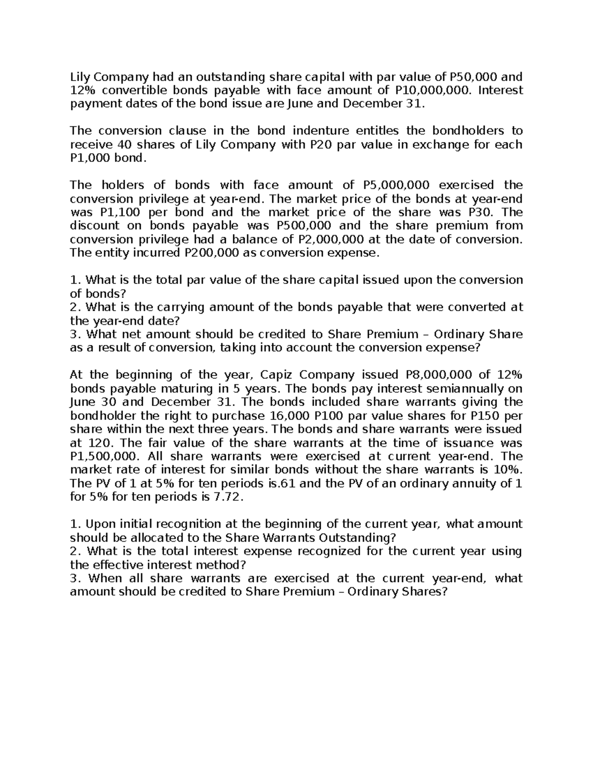 Lec Notes on Lily Co. Bonds & Share Warrants (Fin 101) - Studocu
