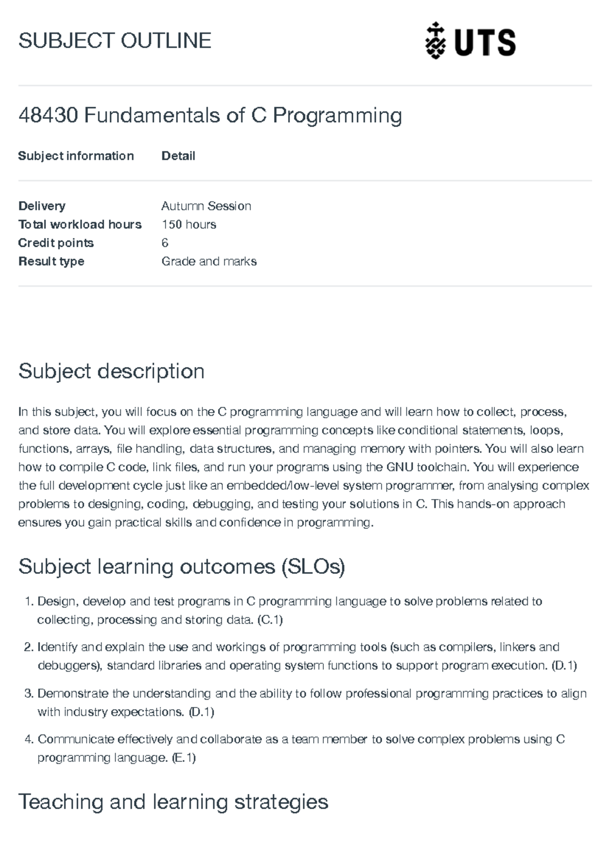 C Programming Fundamentals 48430: Subject Outline & Learning Outcomes ...