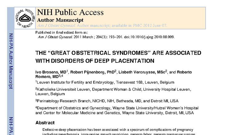Brosens 2011 - Defective Deep Placentation and Pregnancy Outcomes - Studocu
