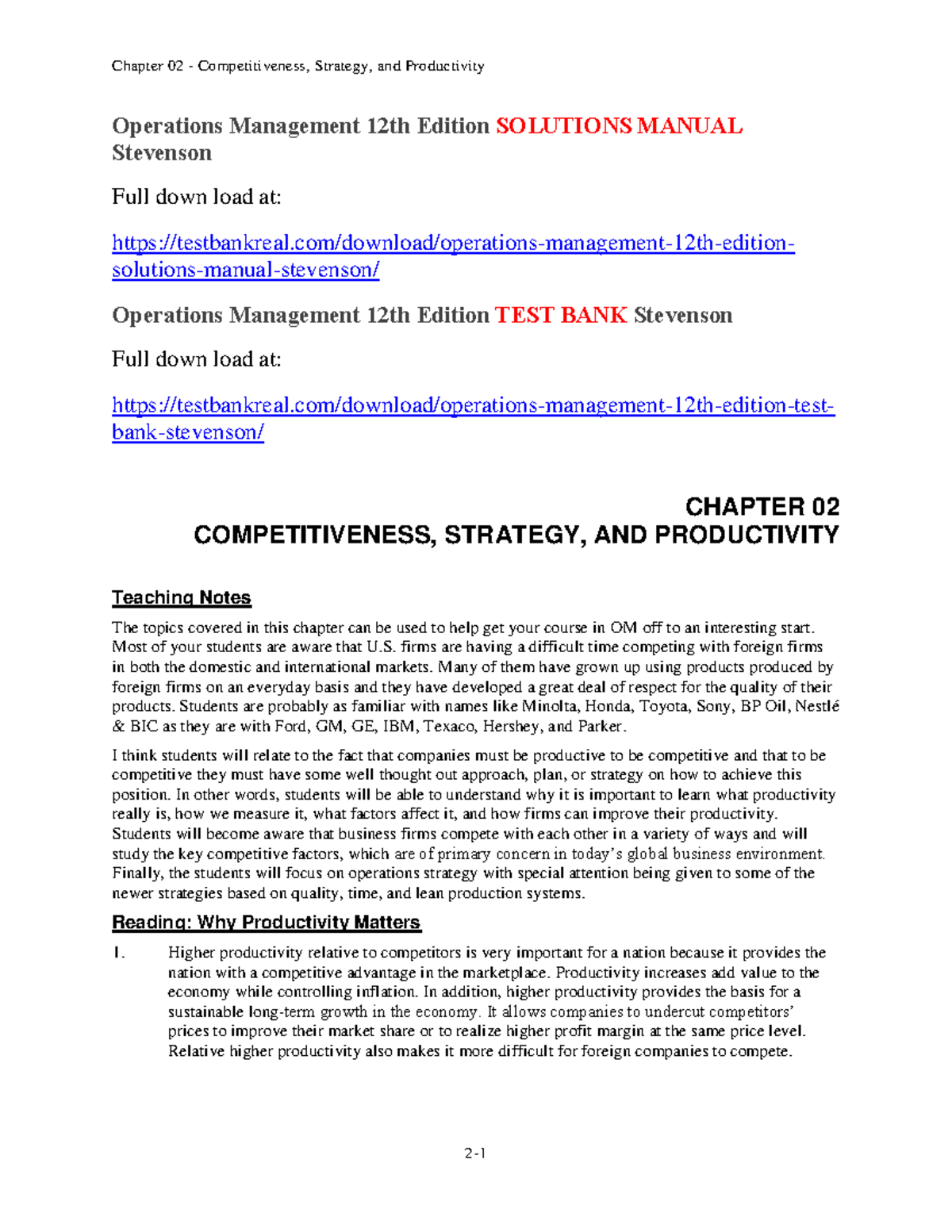 Operations Management 12th Edition Solutions Manual (Stevenson) - Studocu