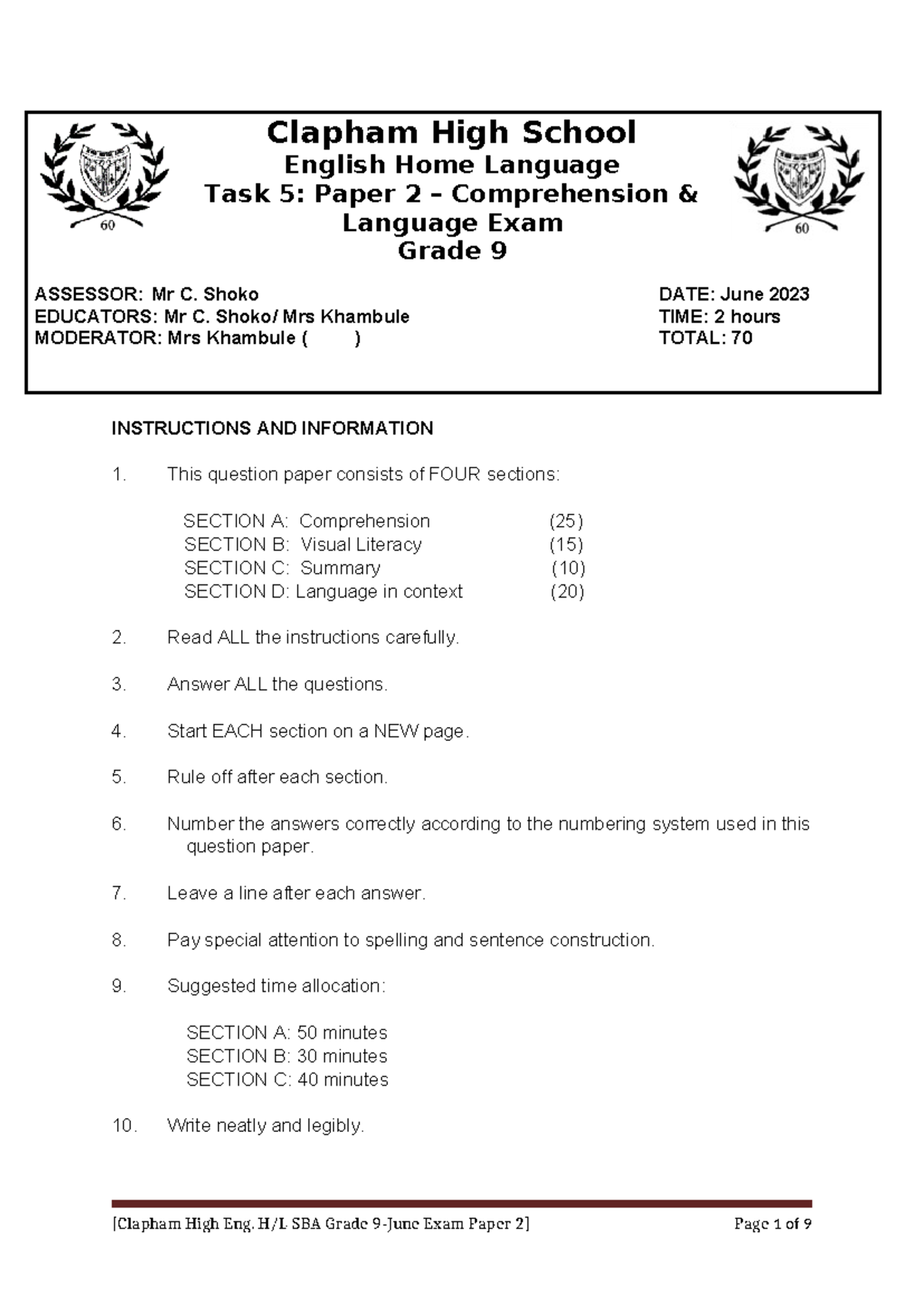 Grade 9 English Home Language Comprehension Task Paper 2 - June 2023 ...