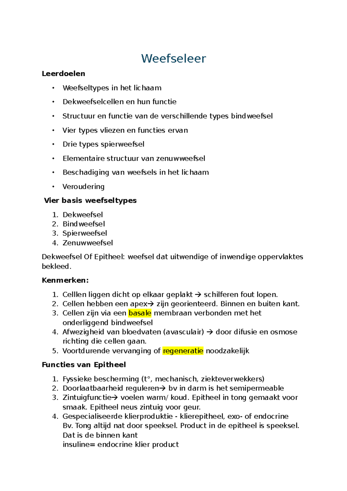 10. Weefseleer - Samenvatting van Weefseltypes en Functies - Studocu