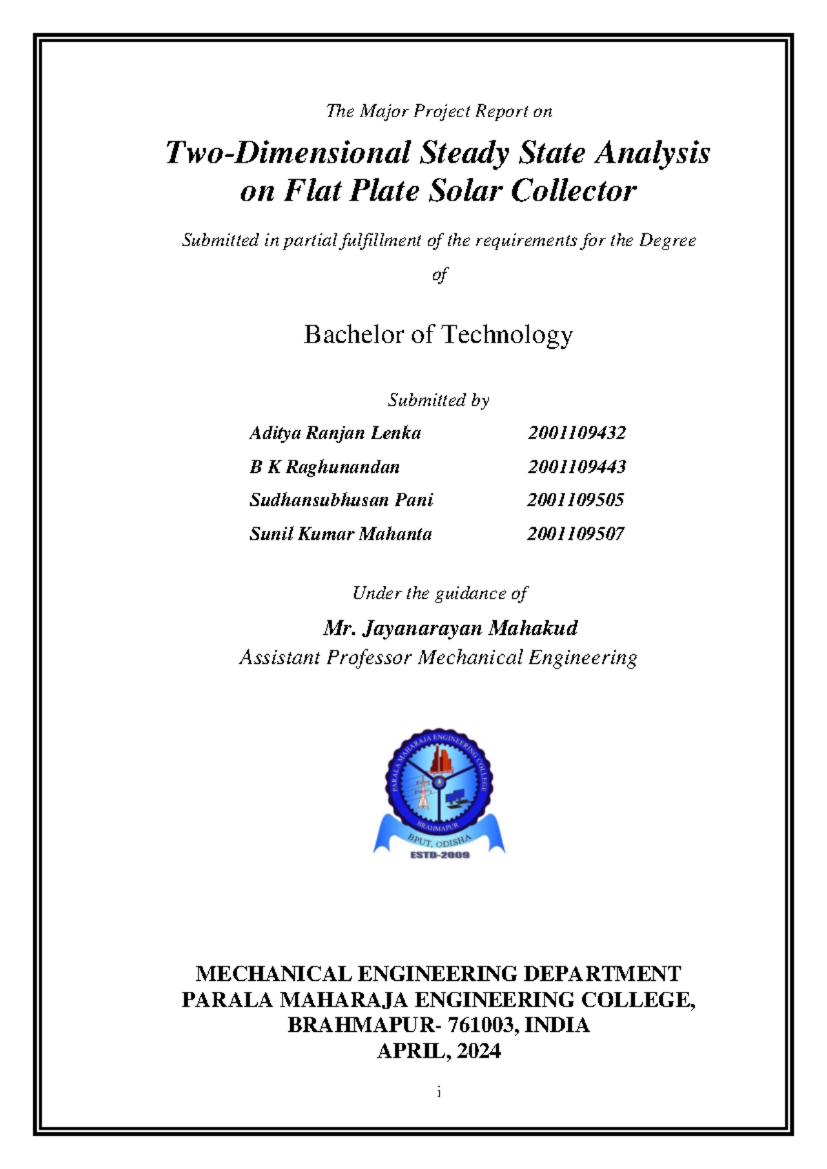 "ME 2024 Major Project Report: 2D Steady State Analysis of Flat Plate ...