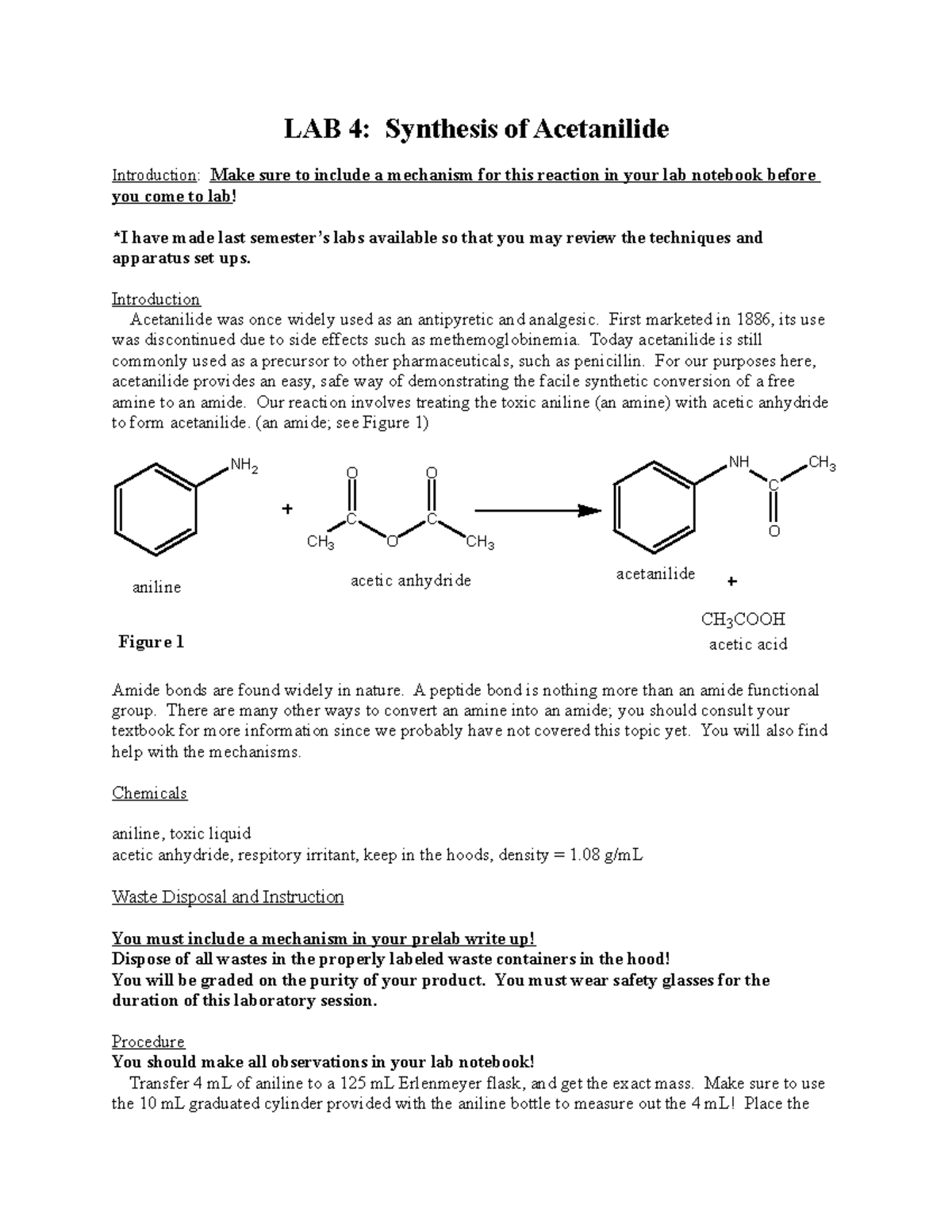 Lab 4: Synthesis of Acetanilide - Reaction Mechanism and Procedure ...