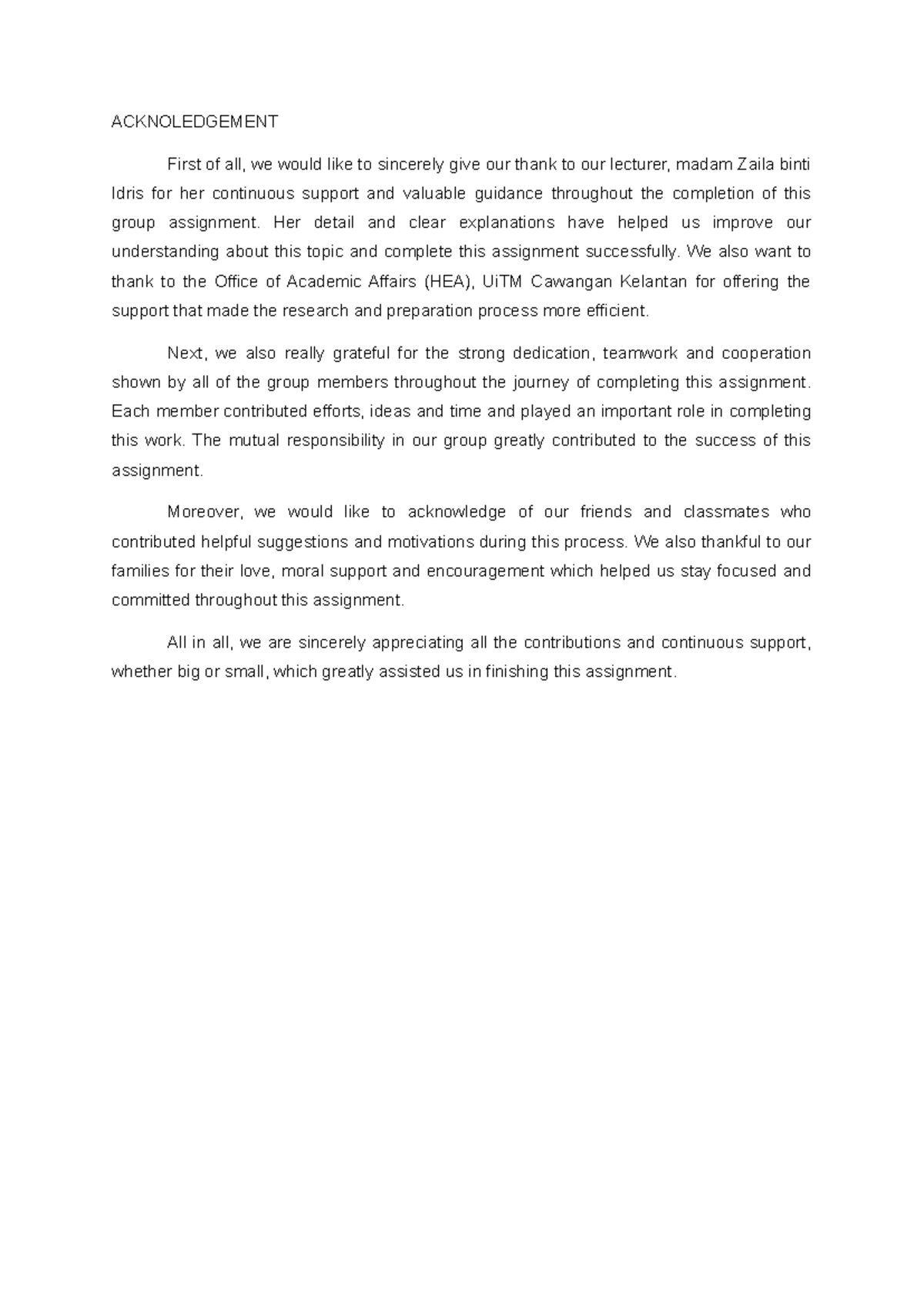Acknowledgement for IMC151 Group Assignment Completion - Studocu