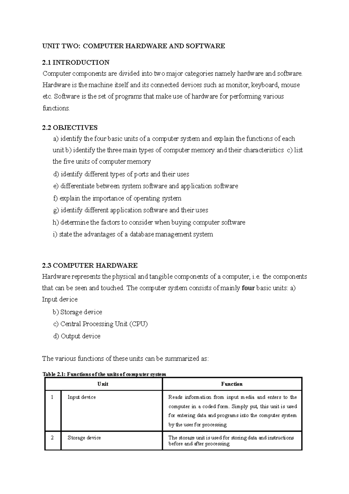 Unit 2 Notes: Understanding Computer Hardware & Software Basics - Studocu