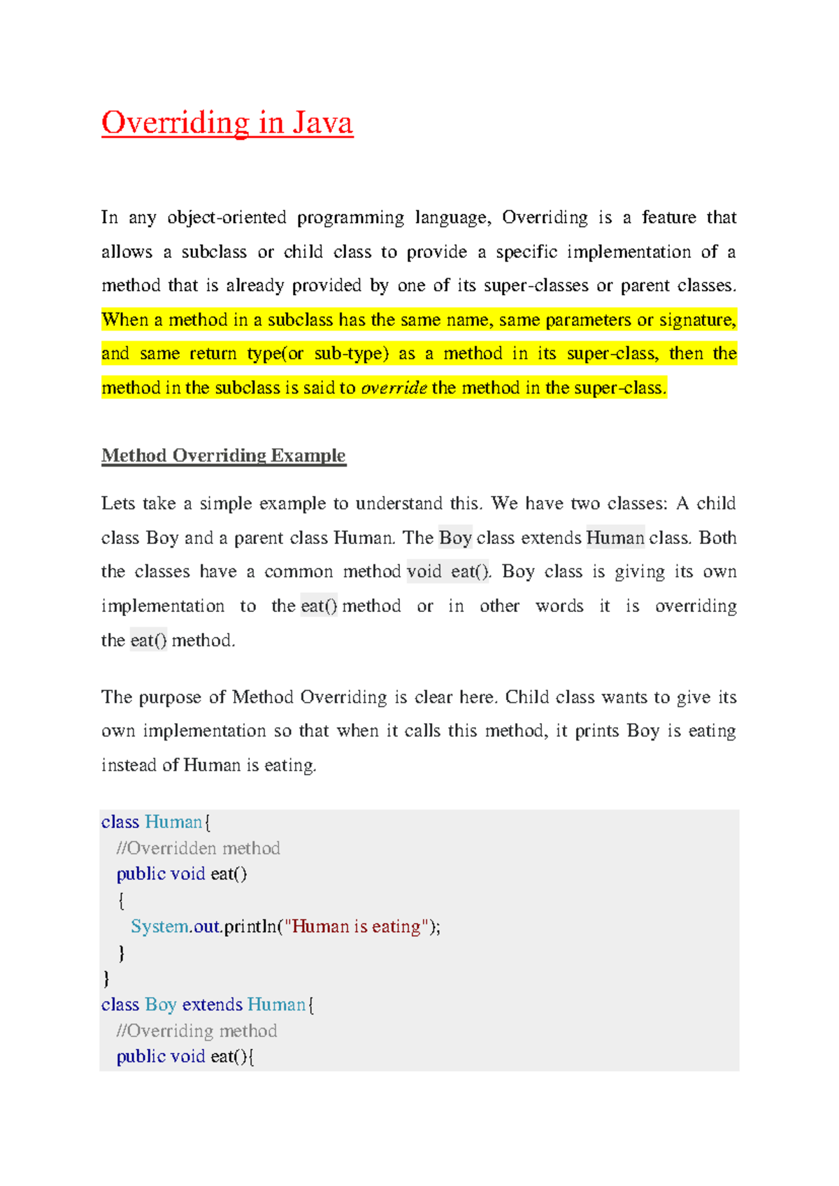 Method Overriding in java,use of final keyword - Overriding in Java In ...