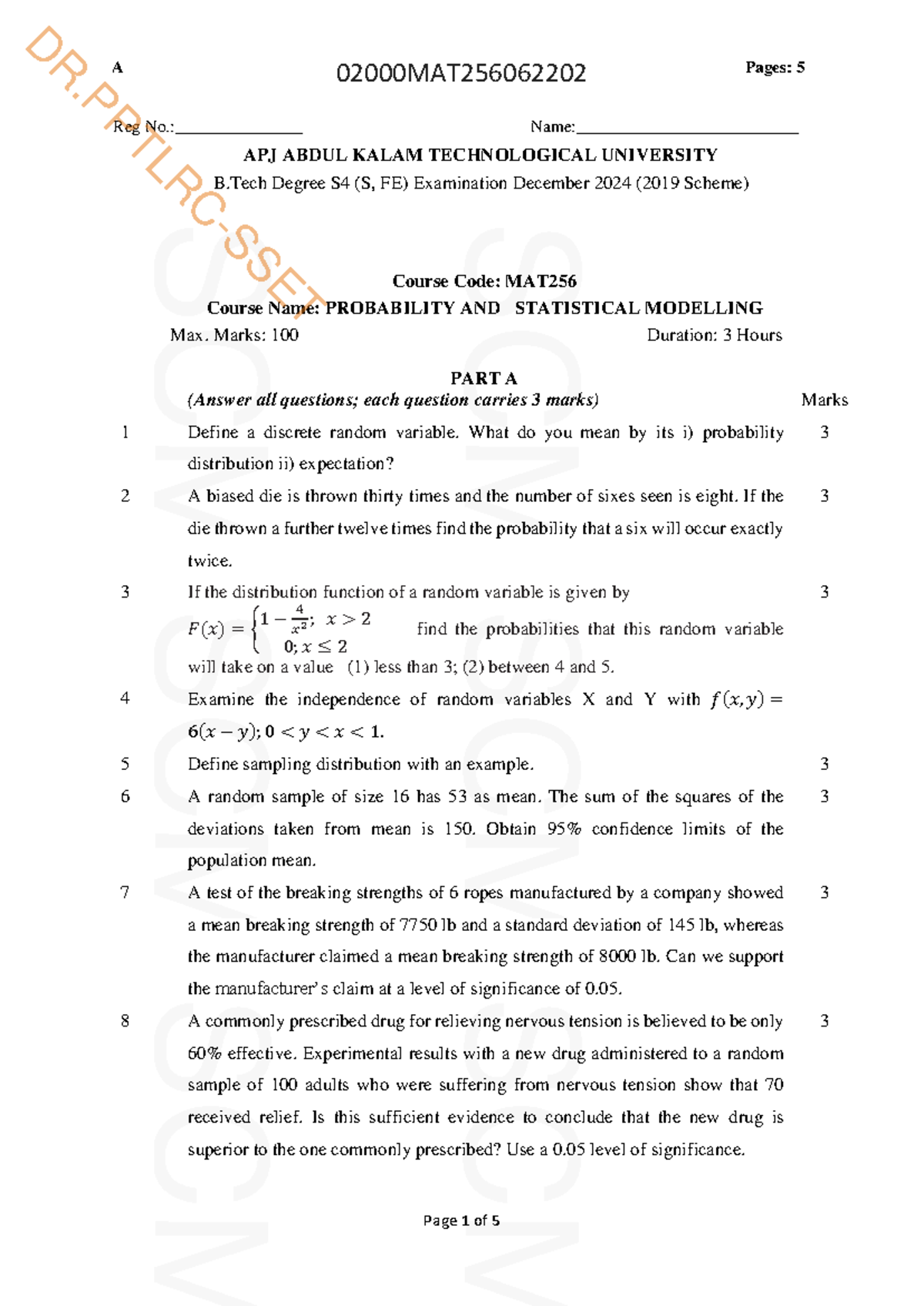 MAT256 D24 - Previous Question Paper on Probability & Statistics - Studocu