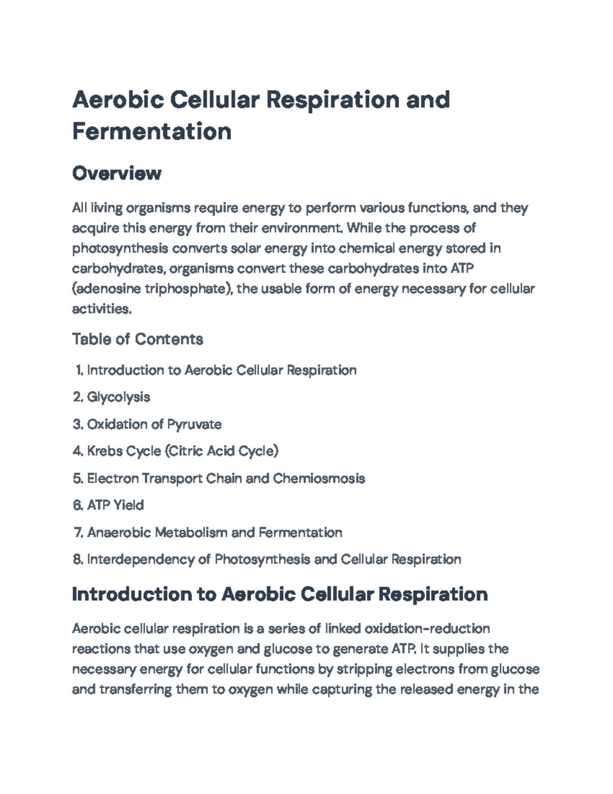 Aerobic Cellular Respiration and Fermentation Overview (Biology 101 ...