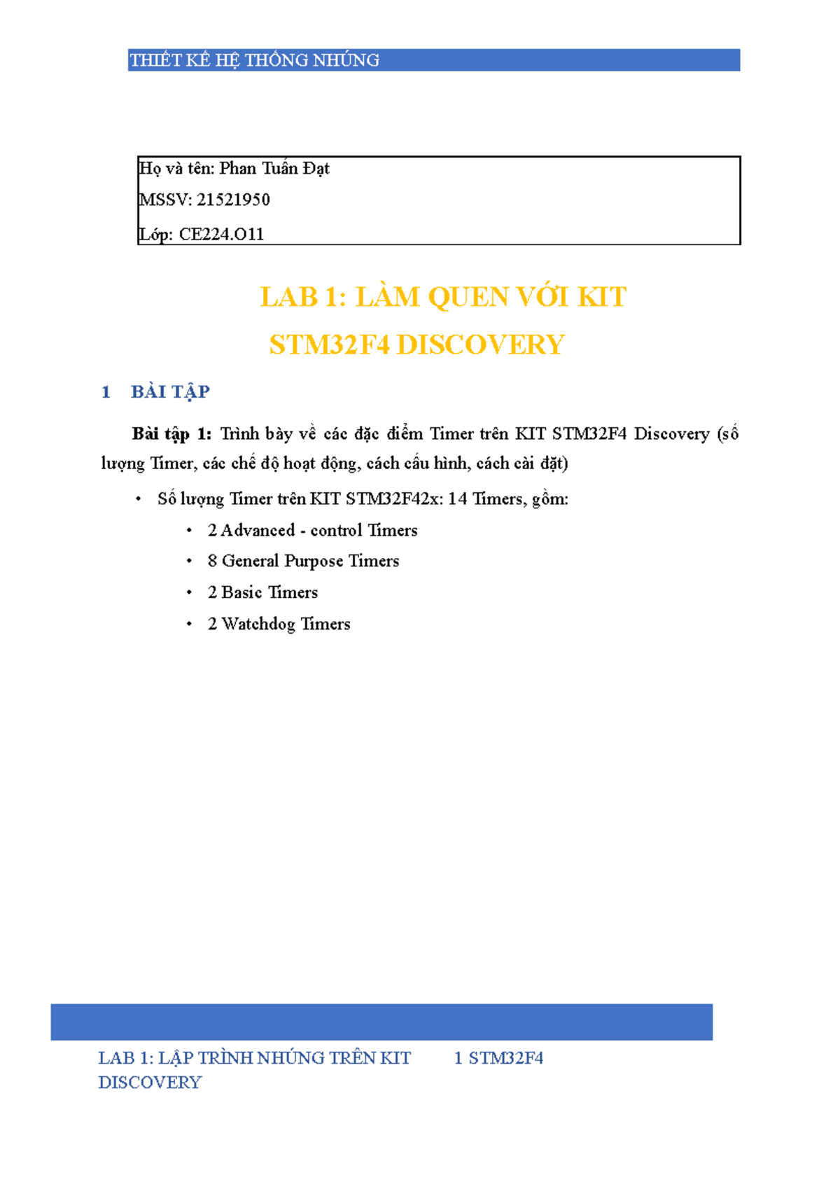 21521950 Lab01 - Giới thiệu về KIT STM32F4 Discovery và Timer - Studocu