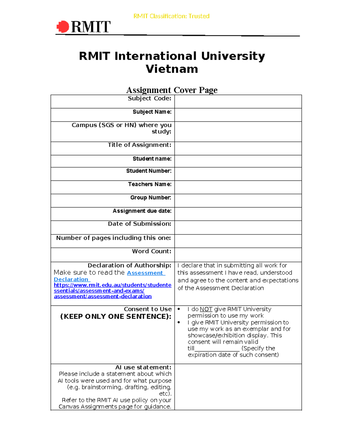 RMIT VN Assignment Cover Page with AI Statement - Studocu