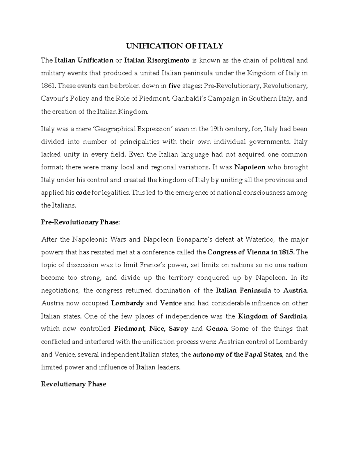 Unification of Italy: Key Events and Influential Figures (HIST 201 ...