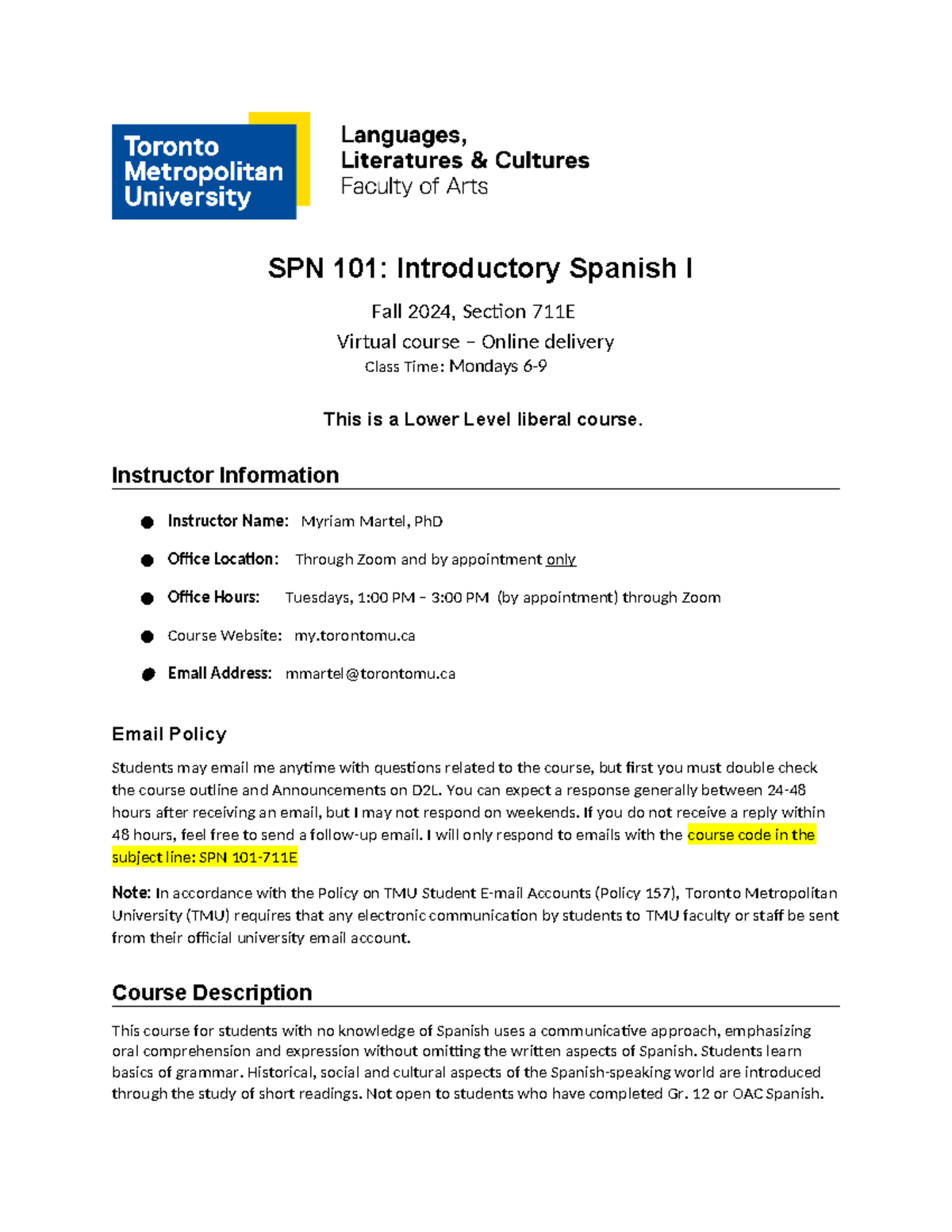 SPN101 - Course Outline for Introductory Spanish I, Fall 2024 - Studocu
