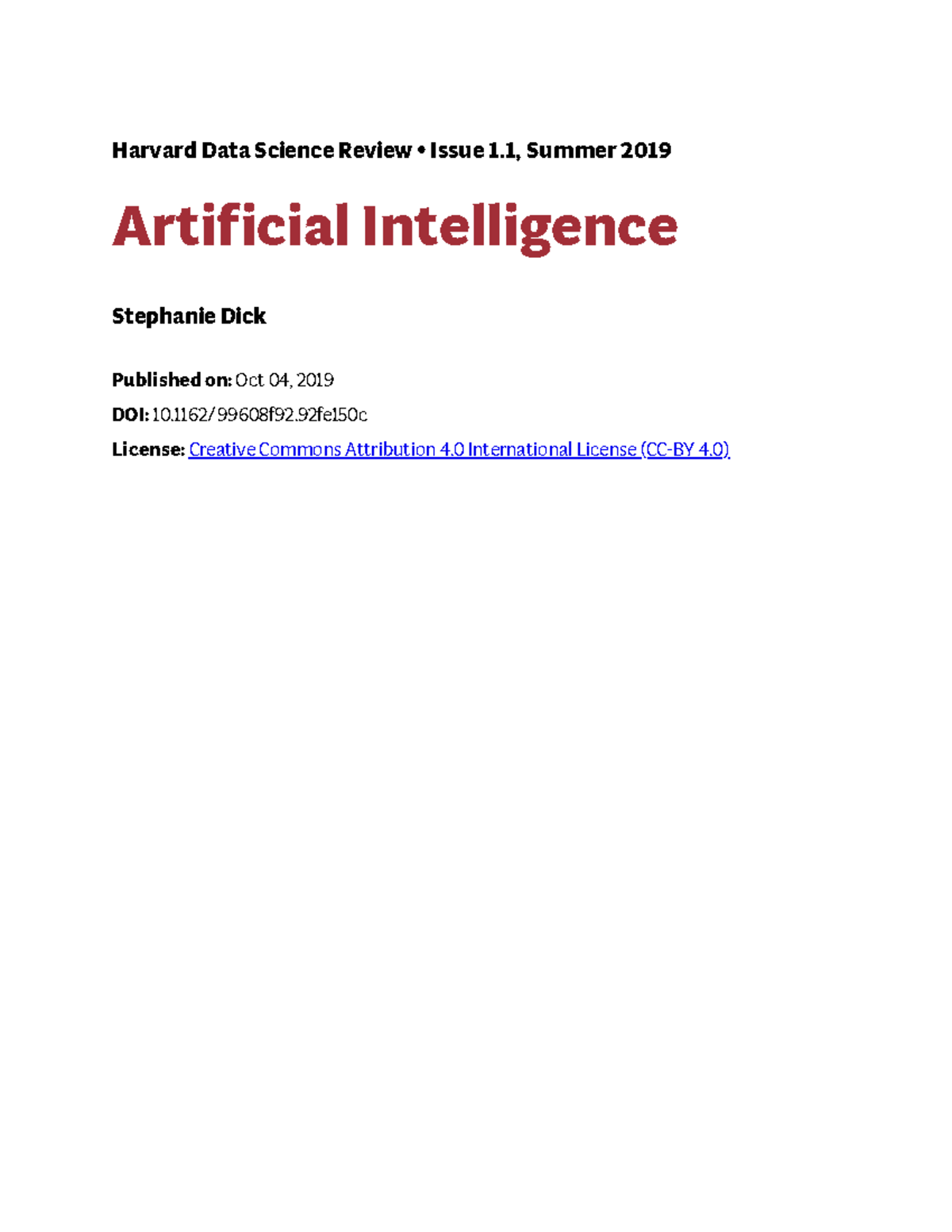 Artificial Intelligence - Harvard Data Science Review • Issue 1, Summer 2019 Articial ...