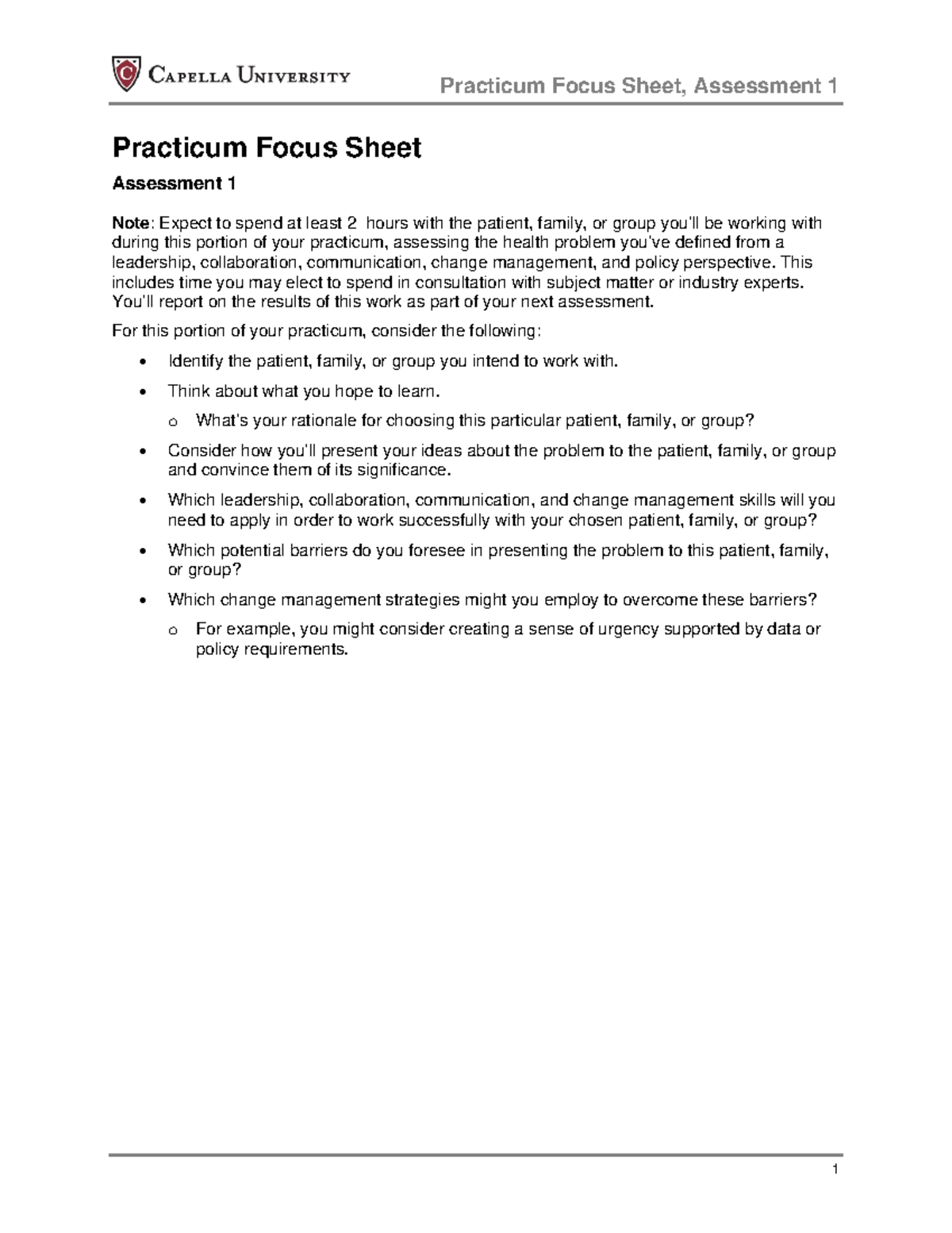 CF U01A1 Practicum Focus Sheet: Assessment 1 Guidelines - Studocu