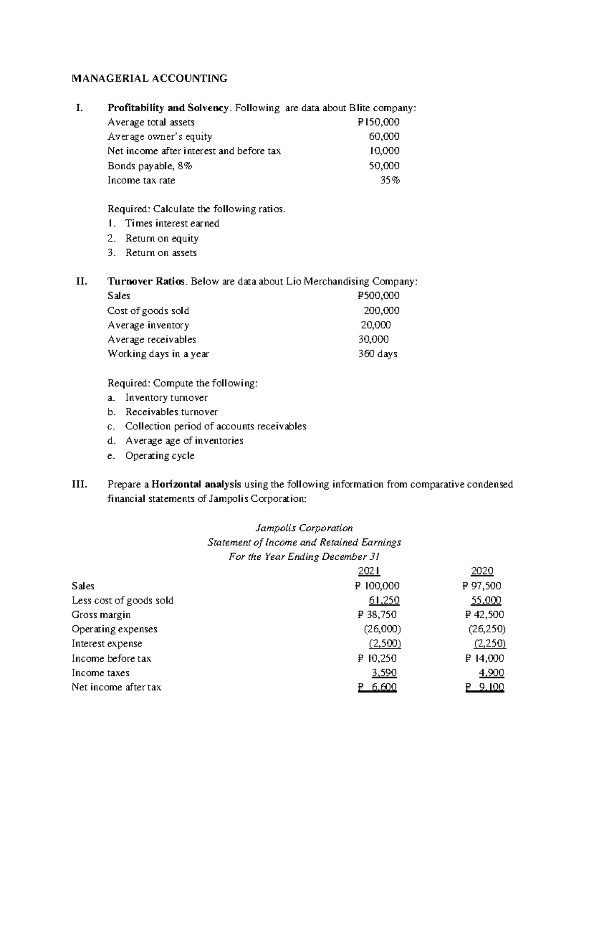 2-Mgrl Acc: Ratios, Turnover Analysis & Horizontal Analysis - Studocu