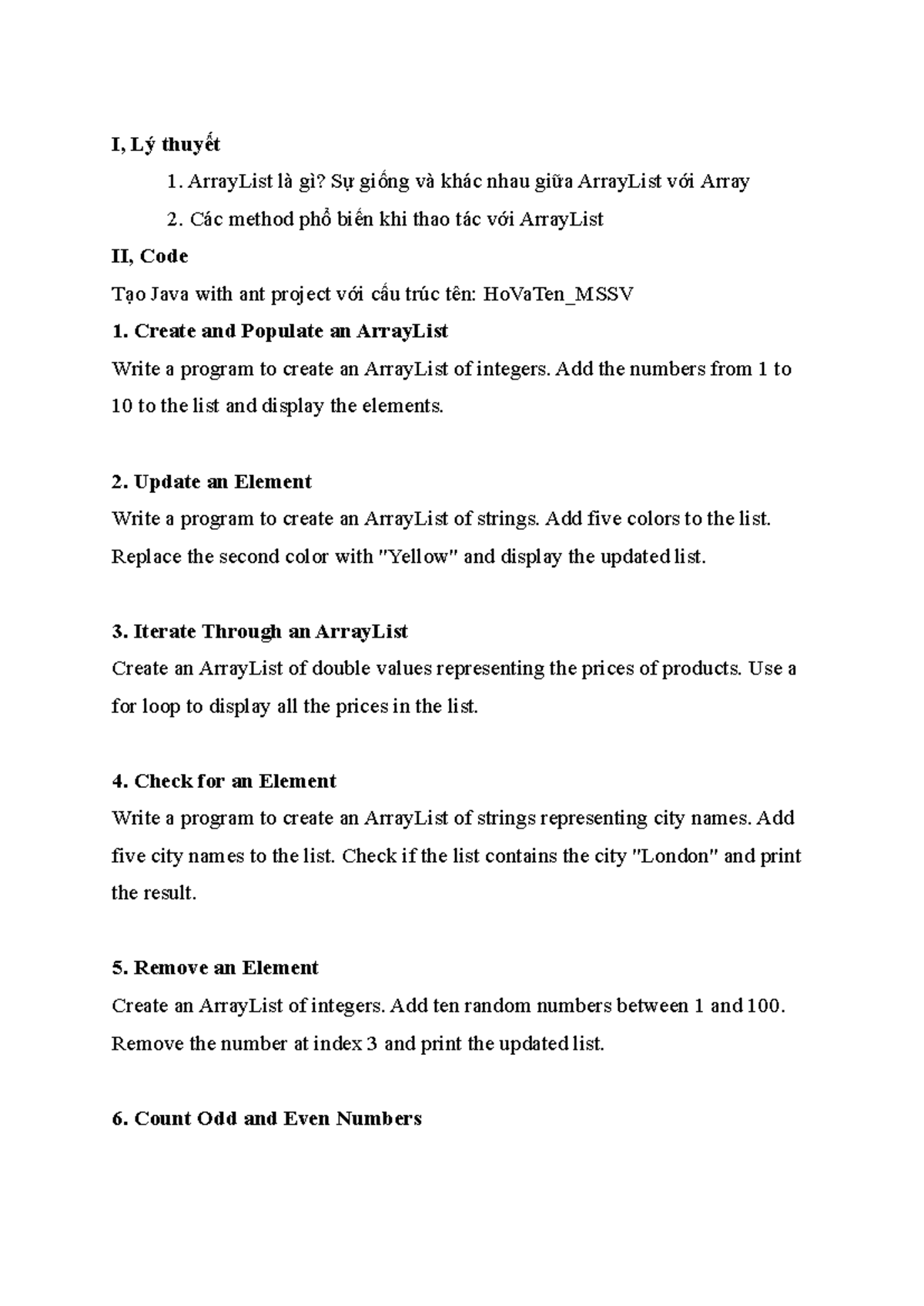 Lý thuyết 1: ArrayList và Các Phương Pháp Thao Tác với ArrayList - Studocu