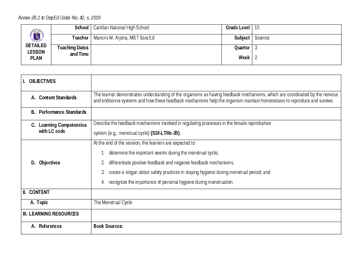 Detailed Lesson Plan on Menstrual Cycle: S10 Q3 W2 - Studocu