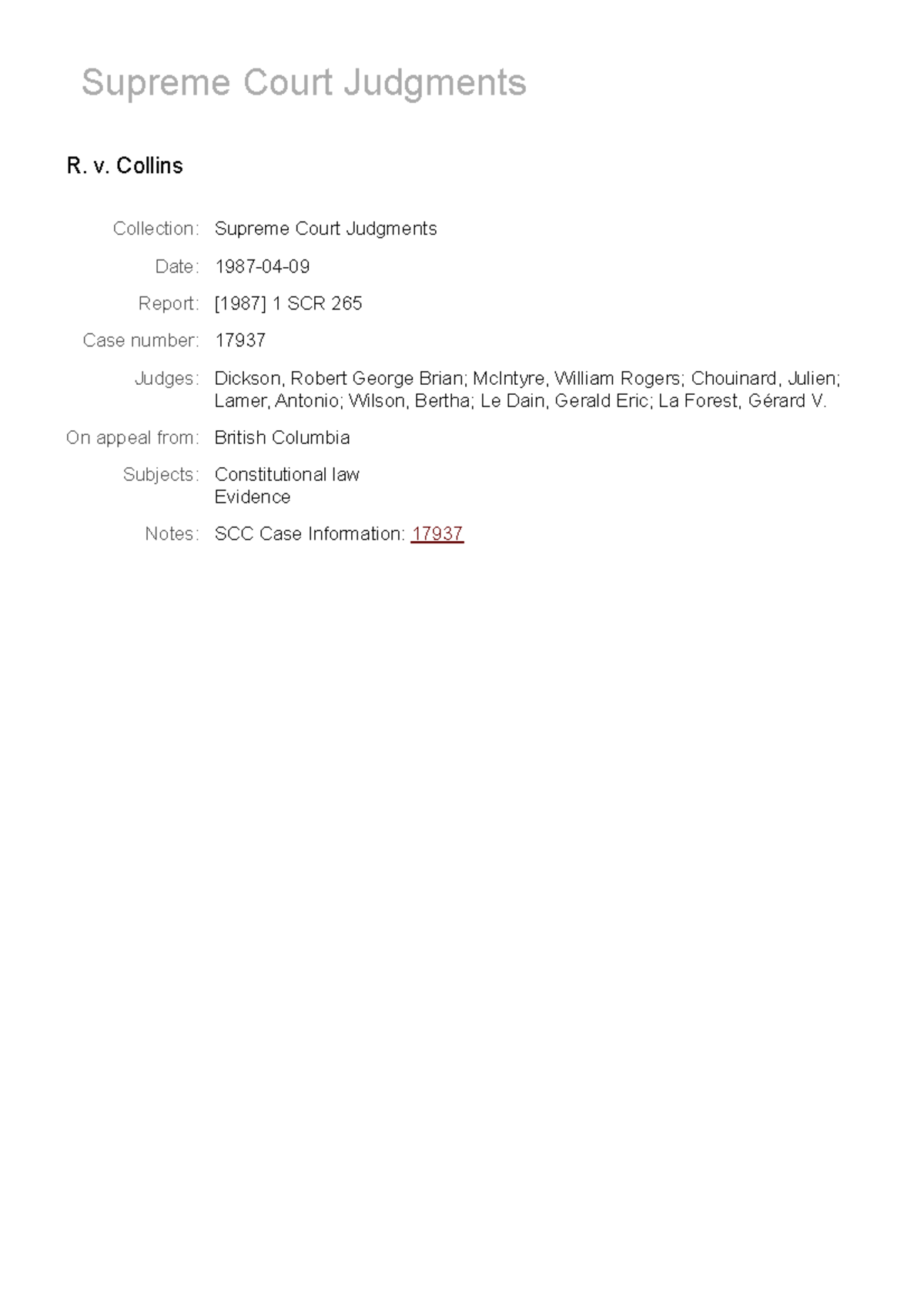 SCC Case Study: R. v. Collins - Appeal Outcome Analysis (1987) - Studocu