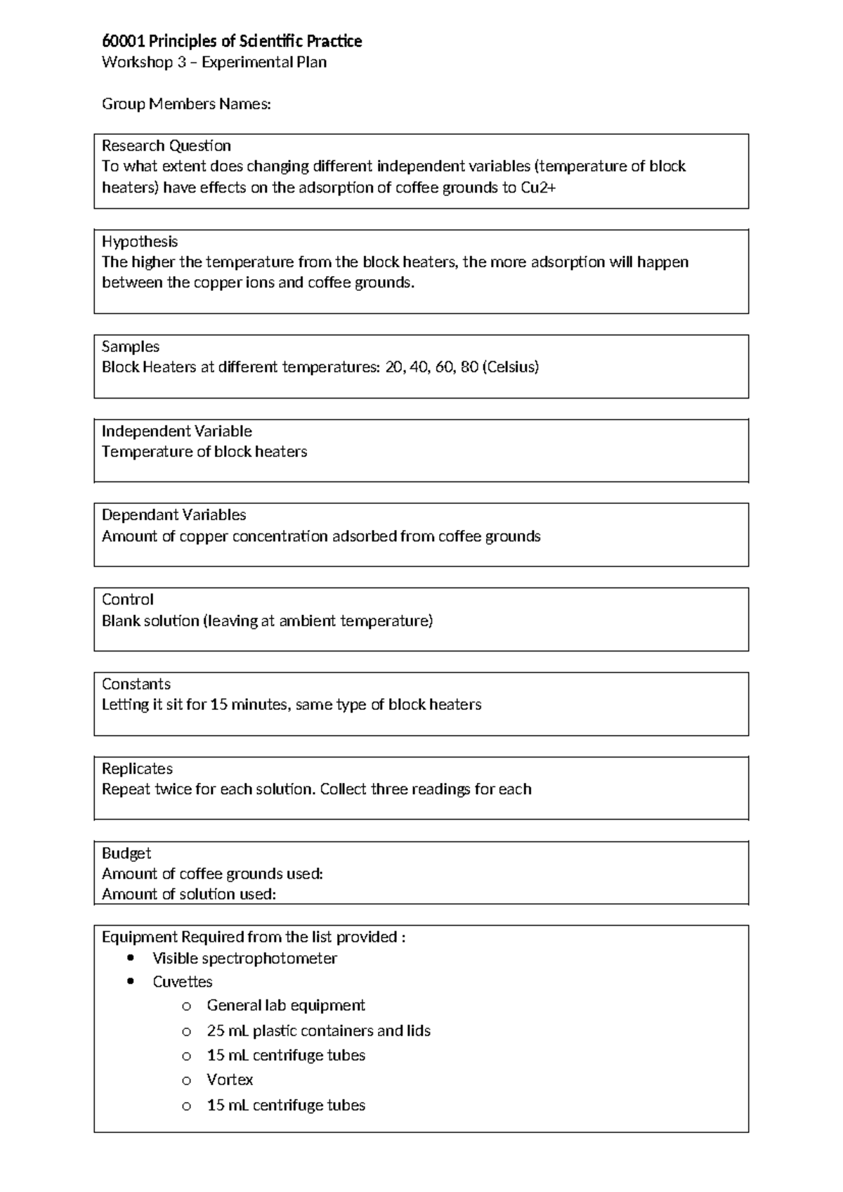 Principles of Scientific Practice: Workshop 3 Experimental Plan - Studocu
