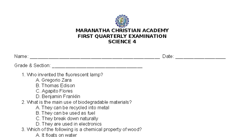 MARANATHA CHRISTIAN ACADEMY SCIENCE 4 FIRST QUARTERLY EXAMINATION - Studocu