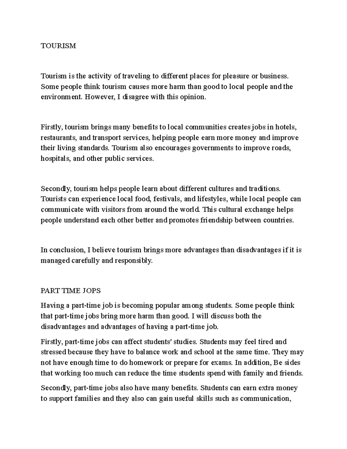 TOURISM & PART TIME JOBS: Benefits and Challenges in English 2 - Studocu
