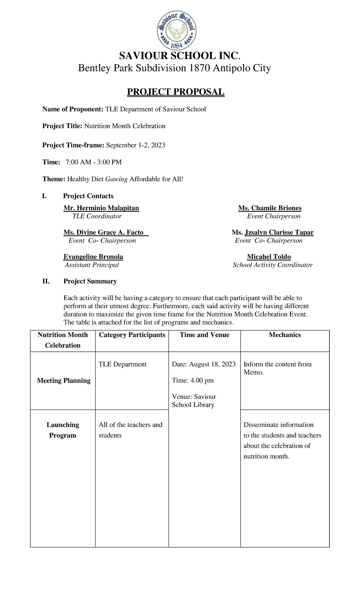 Nutrition Month Celebration Project Proposal - Saviour School Inc ...