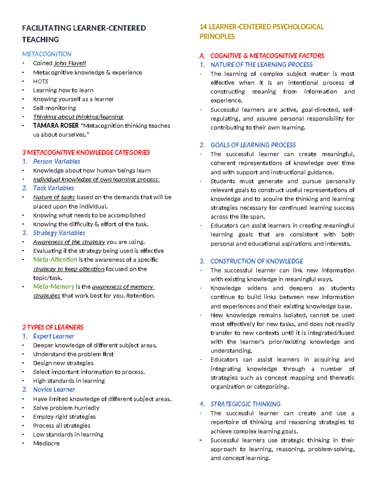Facilitating Learner-Centered Teaching: Insights on Metacognition - Studocu