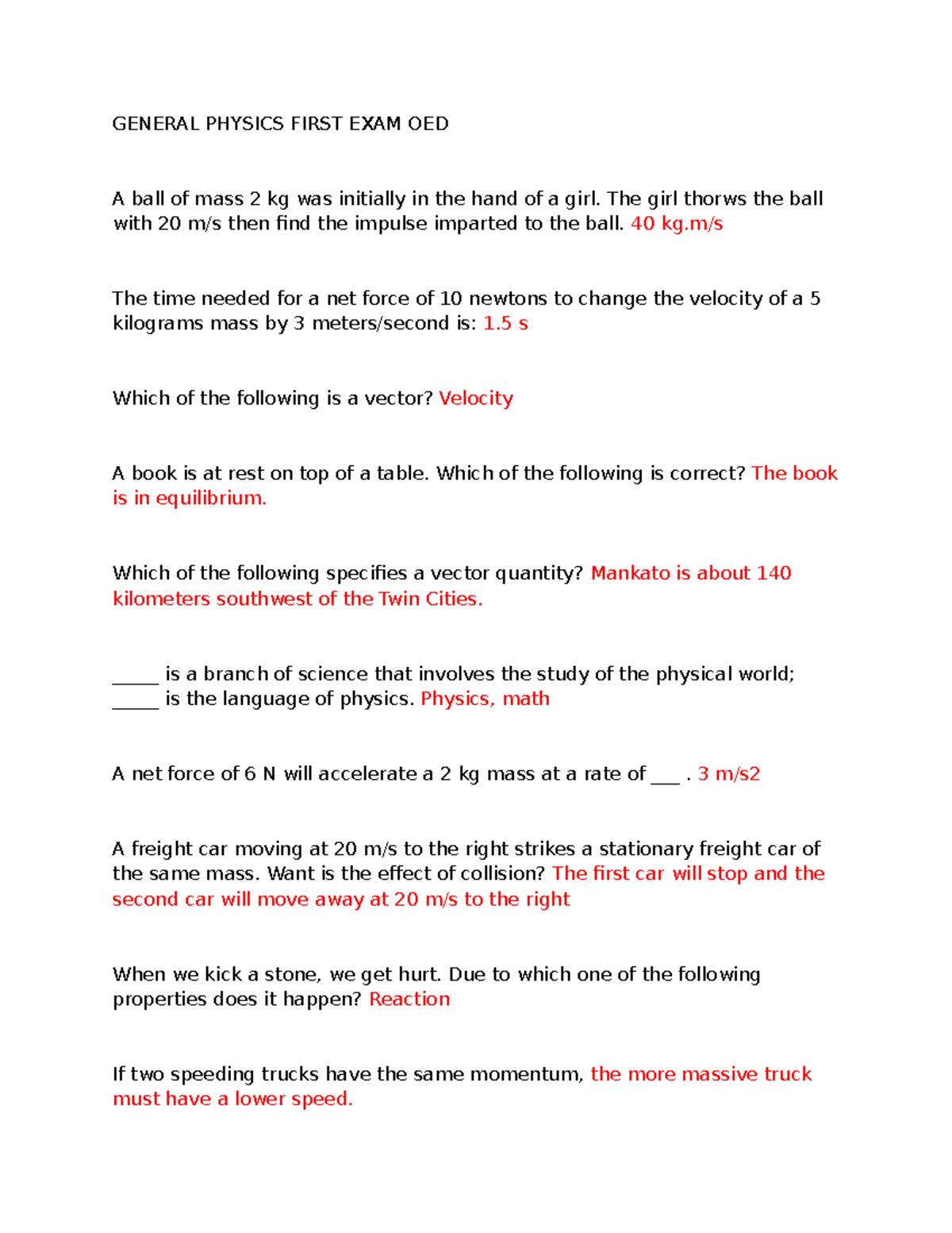 Gen-Physics First Exam OED: Key Concepts & Problem Solutions - Studocu