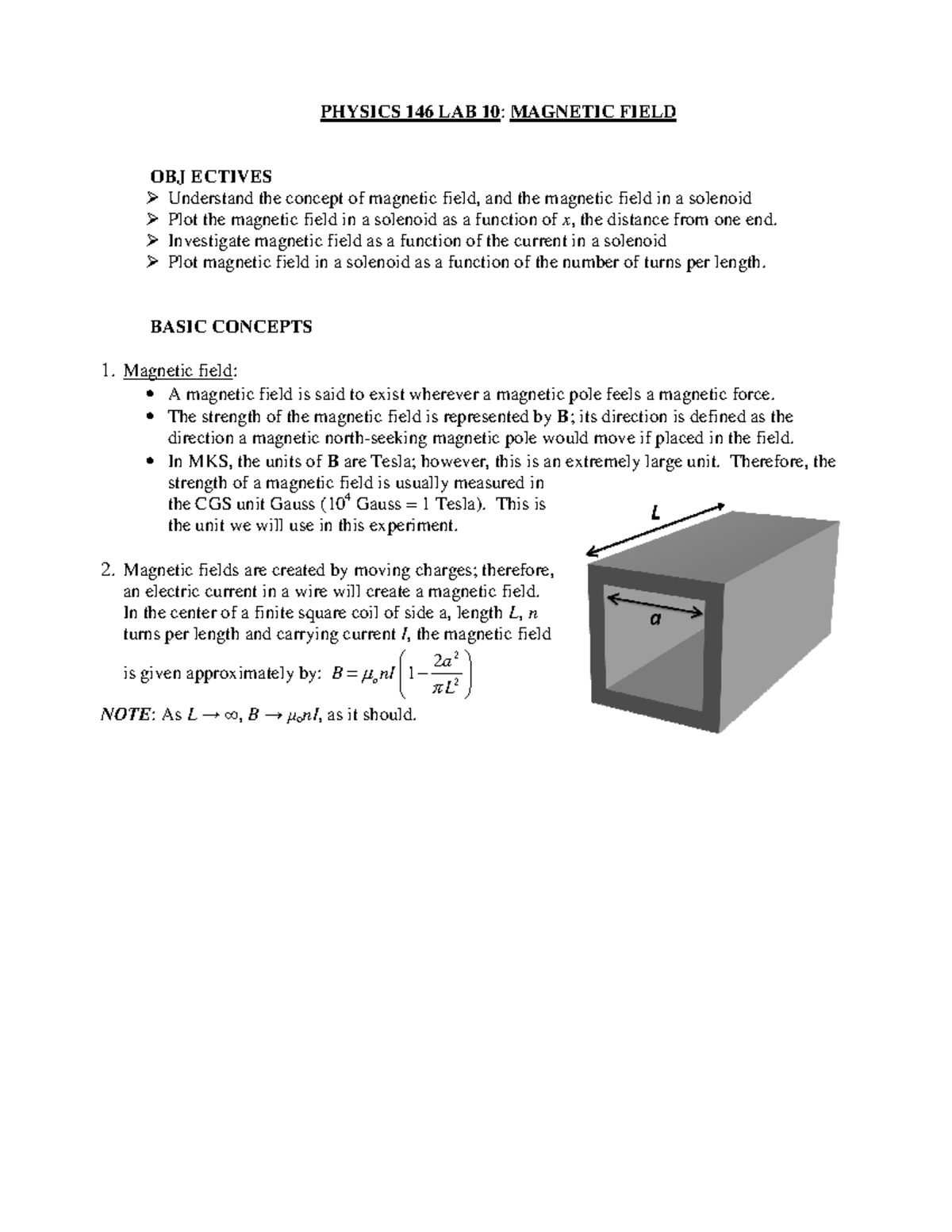 Lab#10 - Magnetic Field - PHYSICS 146 LAB 10: MAGNETIC FIELD OBJ ...
