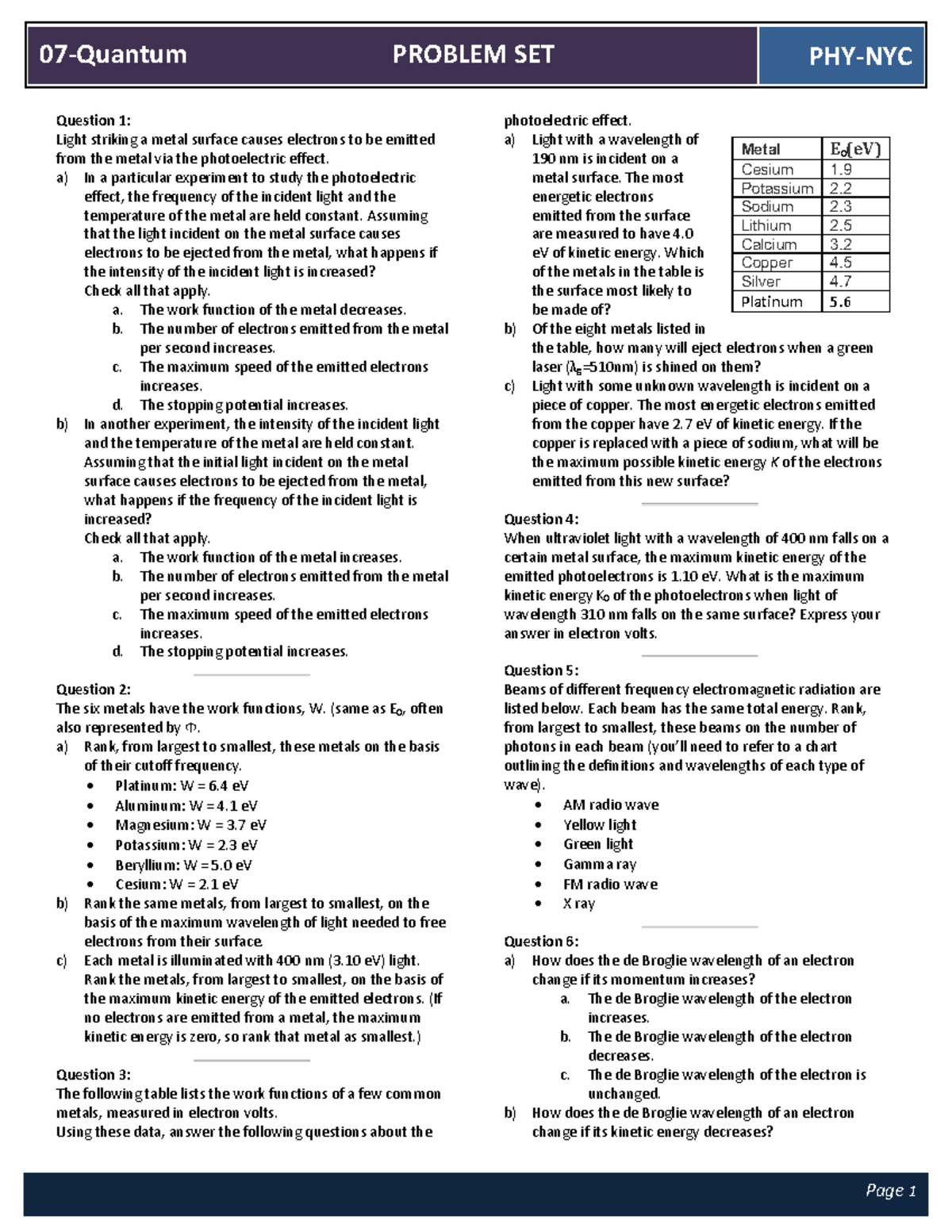 PHY-NYC Problem Set 07: Quantum Mechanics and Photoelectric Effect ...